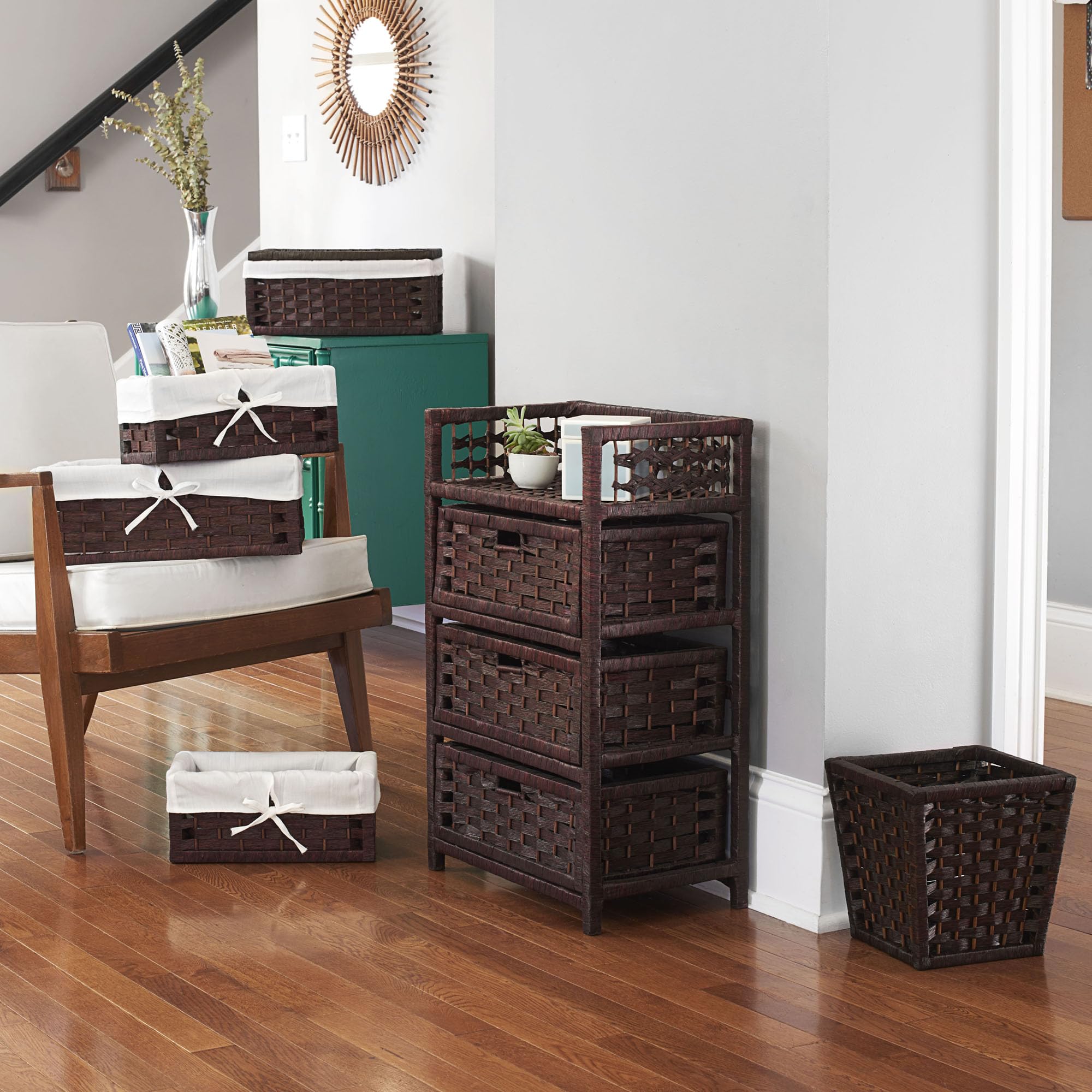Household Essentials Hand-Woven Paper Rope Basket with Lid and Liner, Dark Brown Stain
