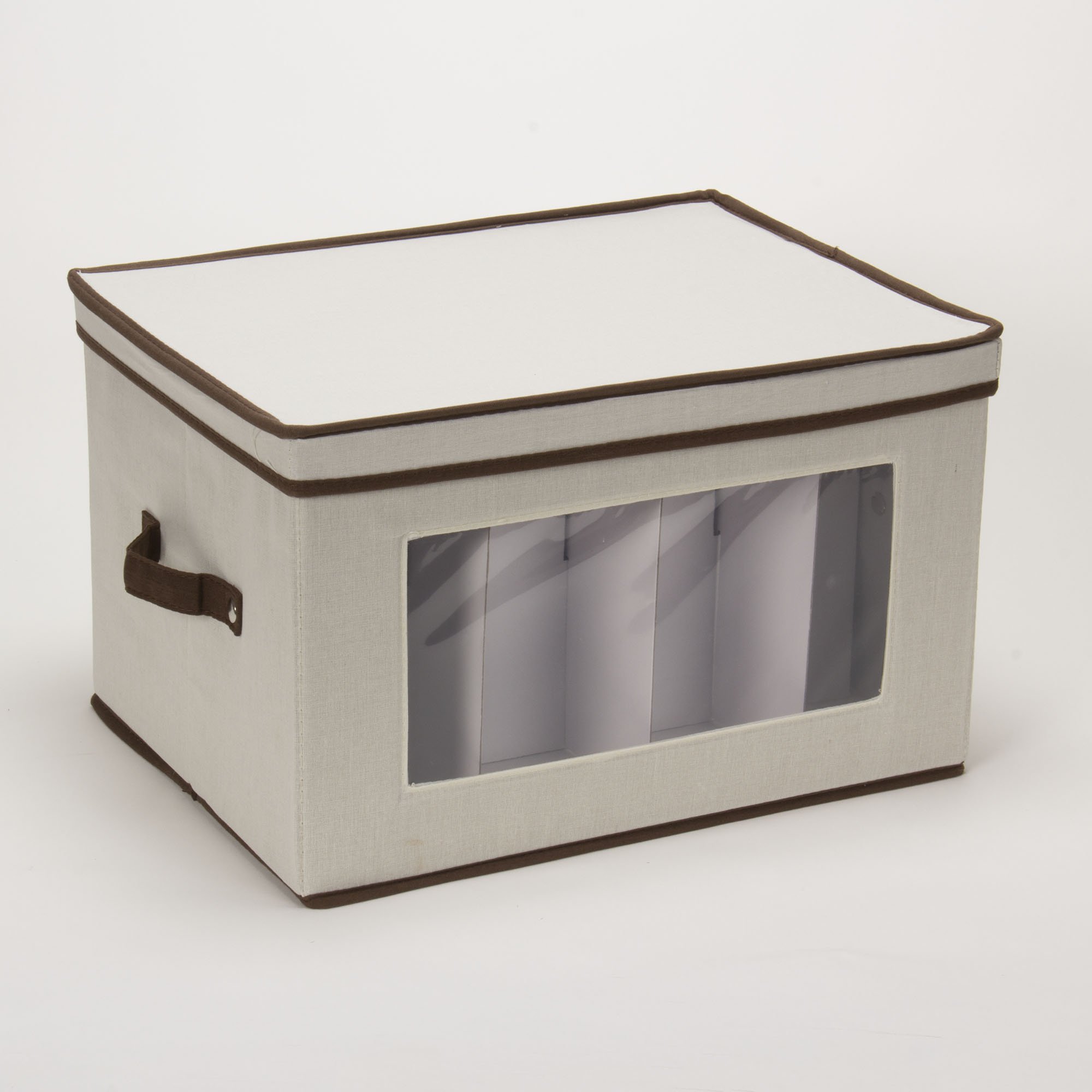 Household Essentials Natural 540 Vision Storage Box with Lid and Handles |Stemware and Glasses for Cocktails Beige Canvas with Brown Trim