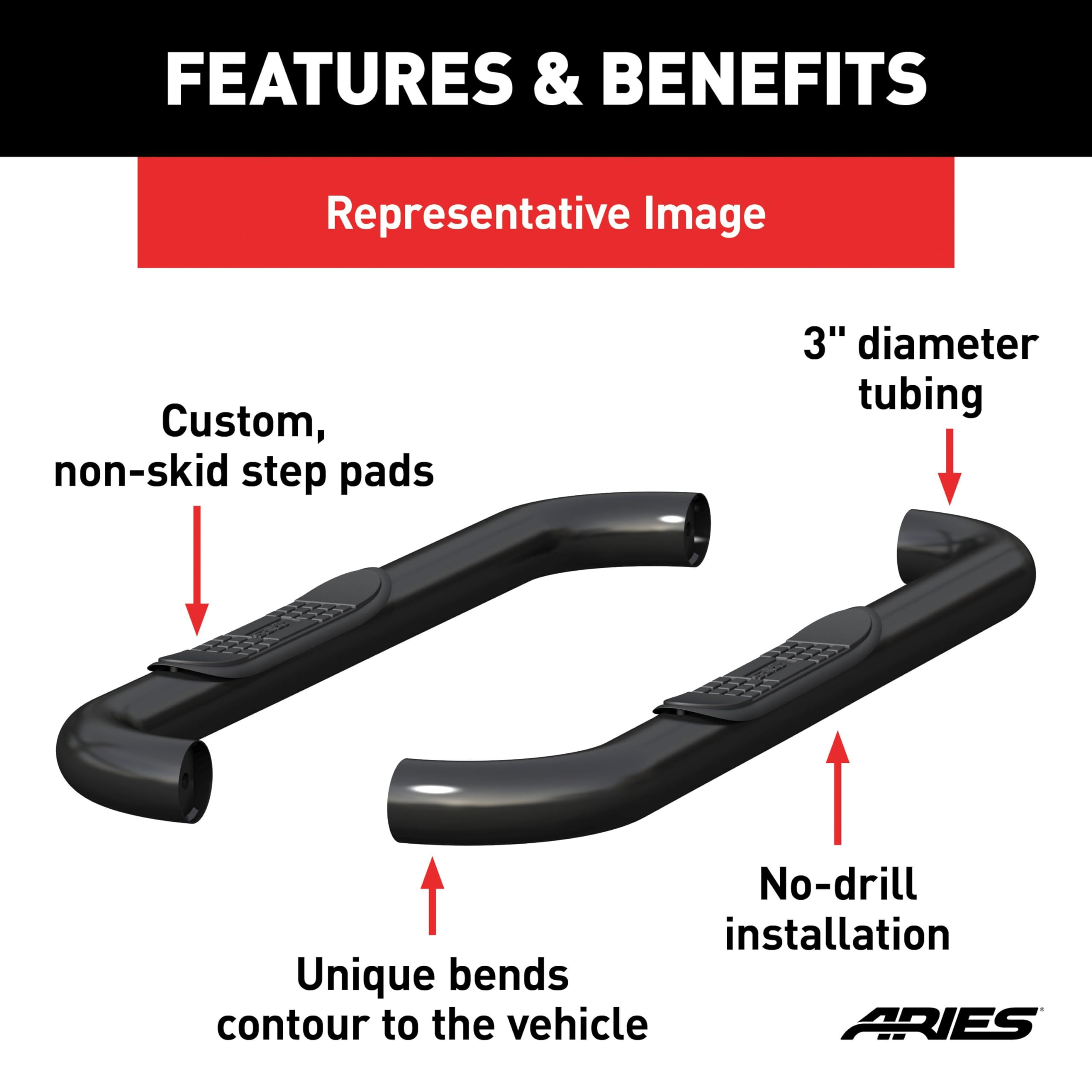 ARIES 204017 3-Inch Round Black Steel Nerf Bars, No-Drill, Select Chevrolet Silverado, GMC Sierra 1500, 2500, 3500 HD