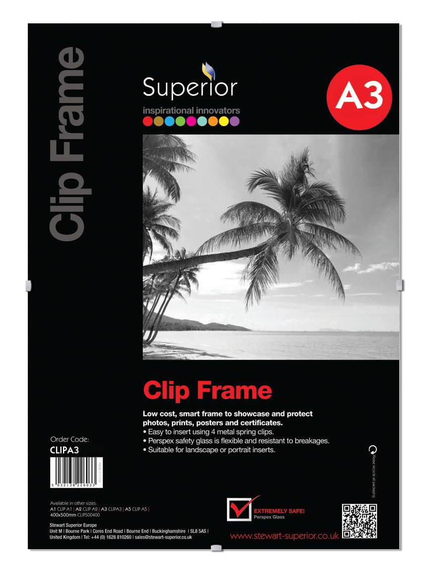 SECO, CLIPA3 - Clip Frame for Pictures and Posters, Landscape Or Portrait Format, Perspex Safety Glass A3 Size