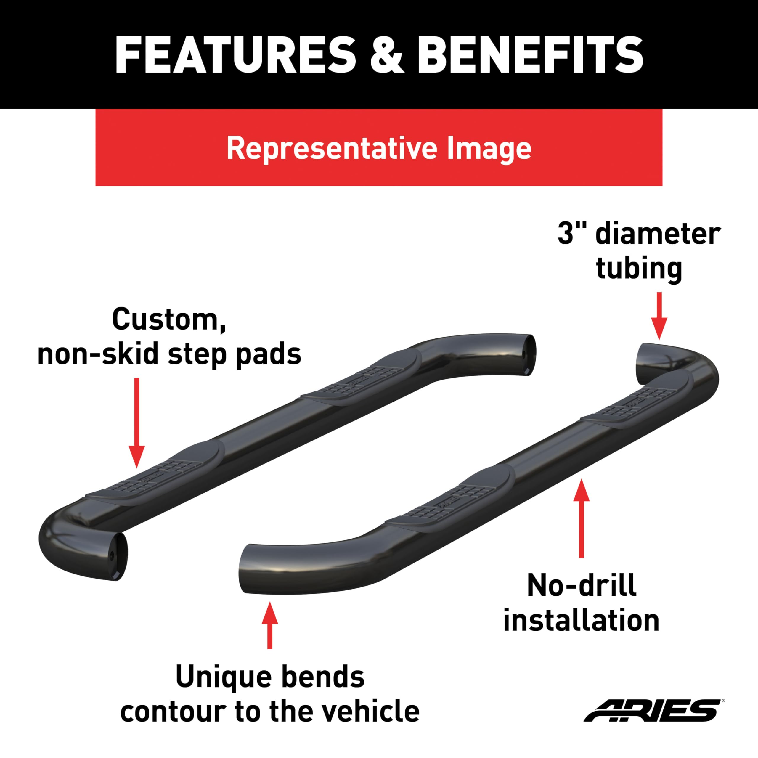 ARIES 205003 3-Inch Round Black Steel Nerf Bars, No-Drill, Select Dodge Ram 1500