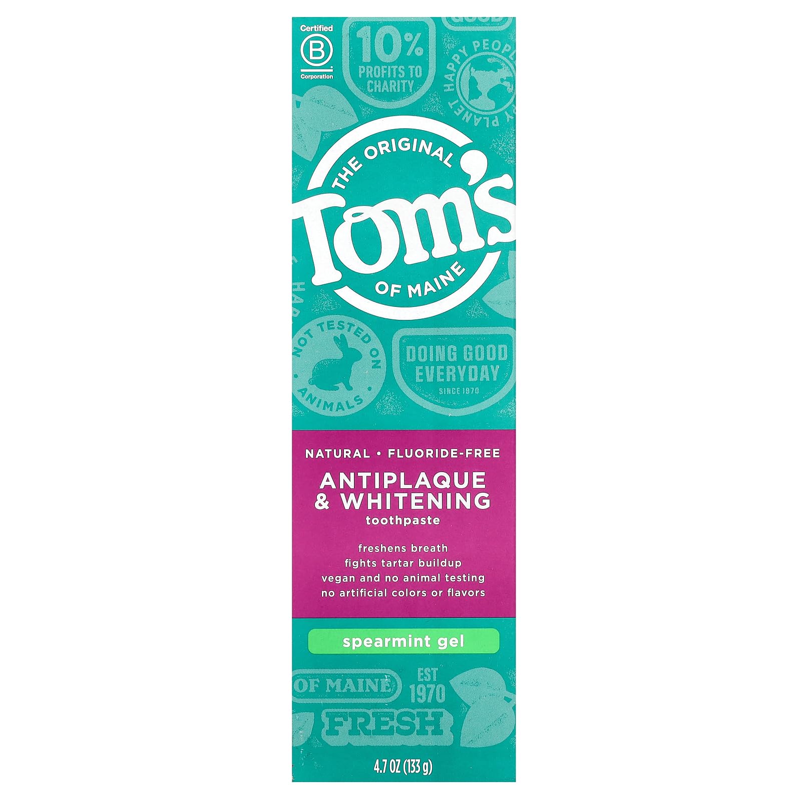 Tom's of Maine Fluoride-Free Antiplaque & Whitening Natural Toothpaste, Spearmint, 4.7 oz.