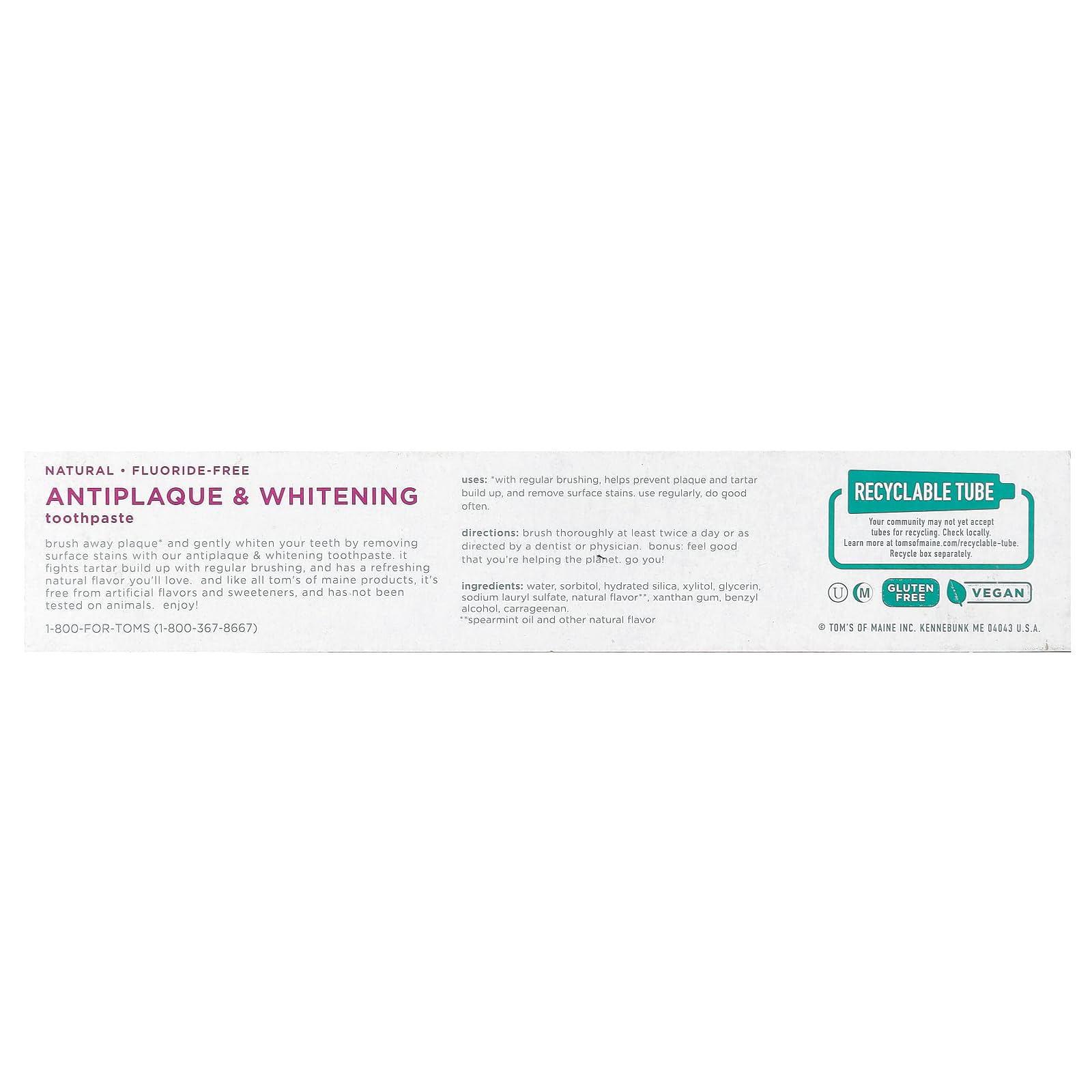 Tom's of Maine Fluoride-Free Antiplaque & Whitening Natural Toothpaste, Spearmint, 4.7 oz.