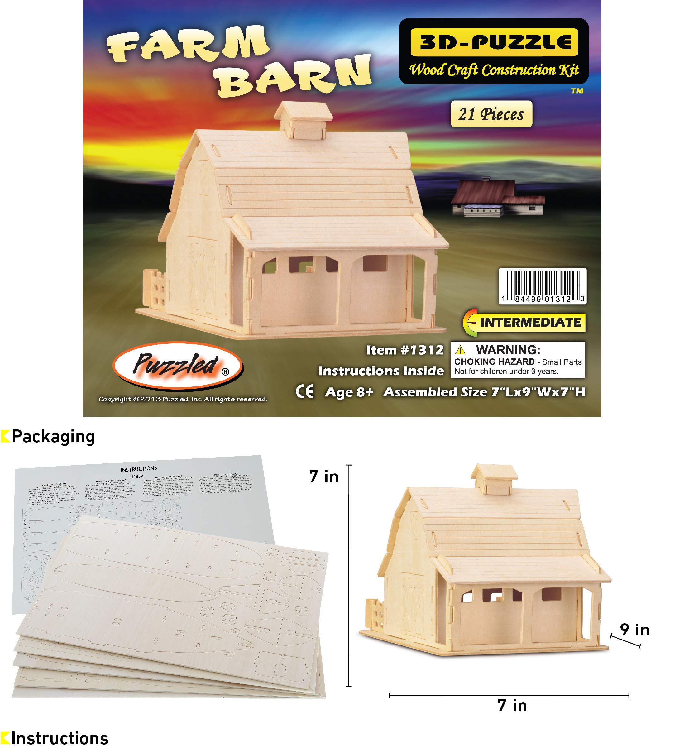 Puzzled 3D Puzzle Farm Barn Set Wood Craft Construction Model Kit, Fun & Educational DIY Wooden Toy Assemble Model Unfinished Crafting Hobby Puzzle to Build and Paint for Decoration 21 Pieces Pack