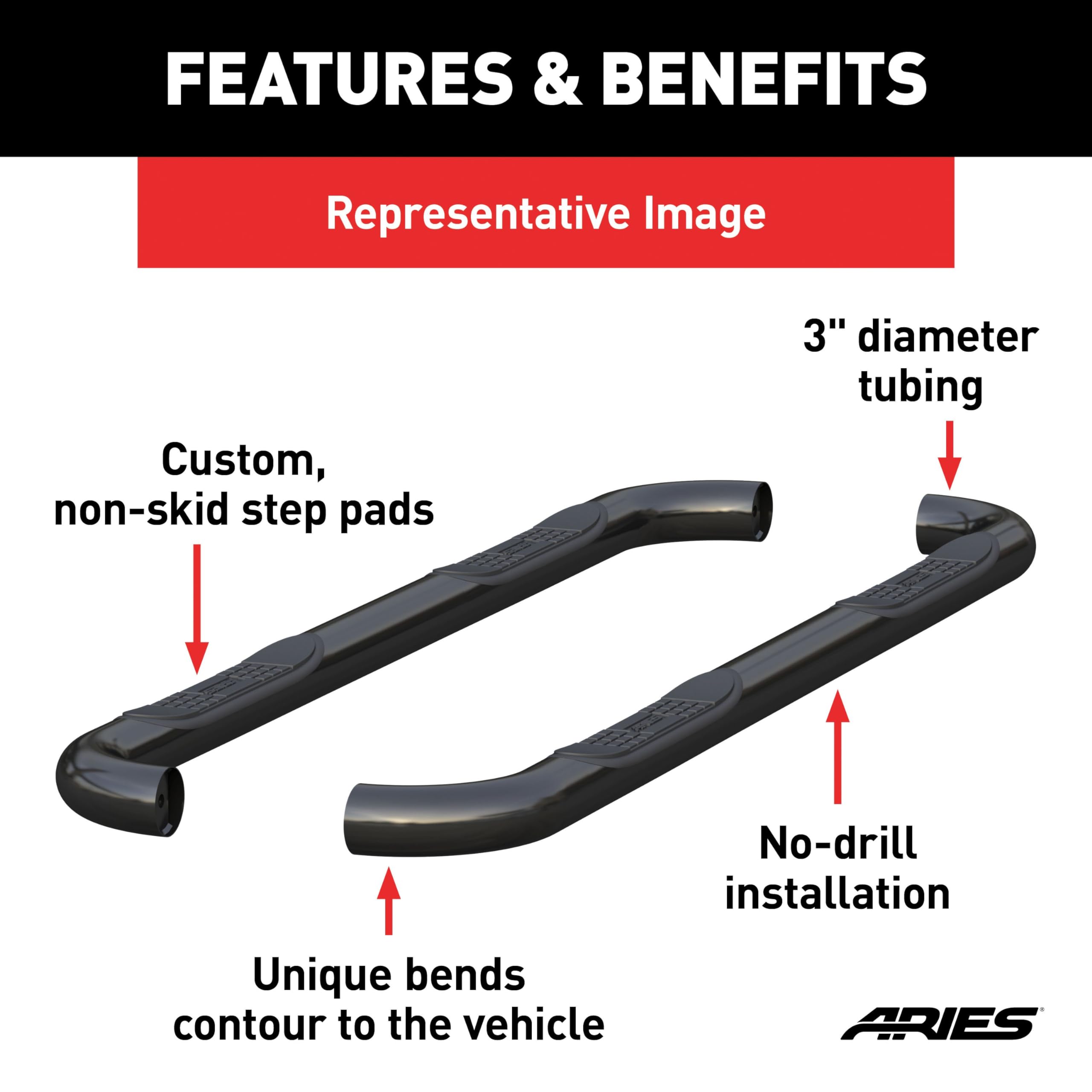ARIES 204031 3-Inch Round Black Steel Nerf Bars, No-Drill, Select Chevrolet Traverse, GMC Acadia, Saturn Outlook