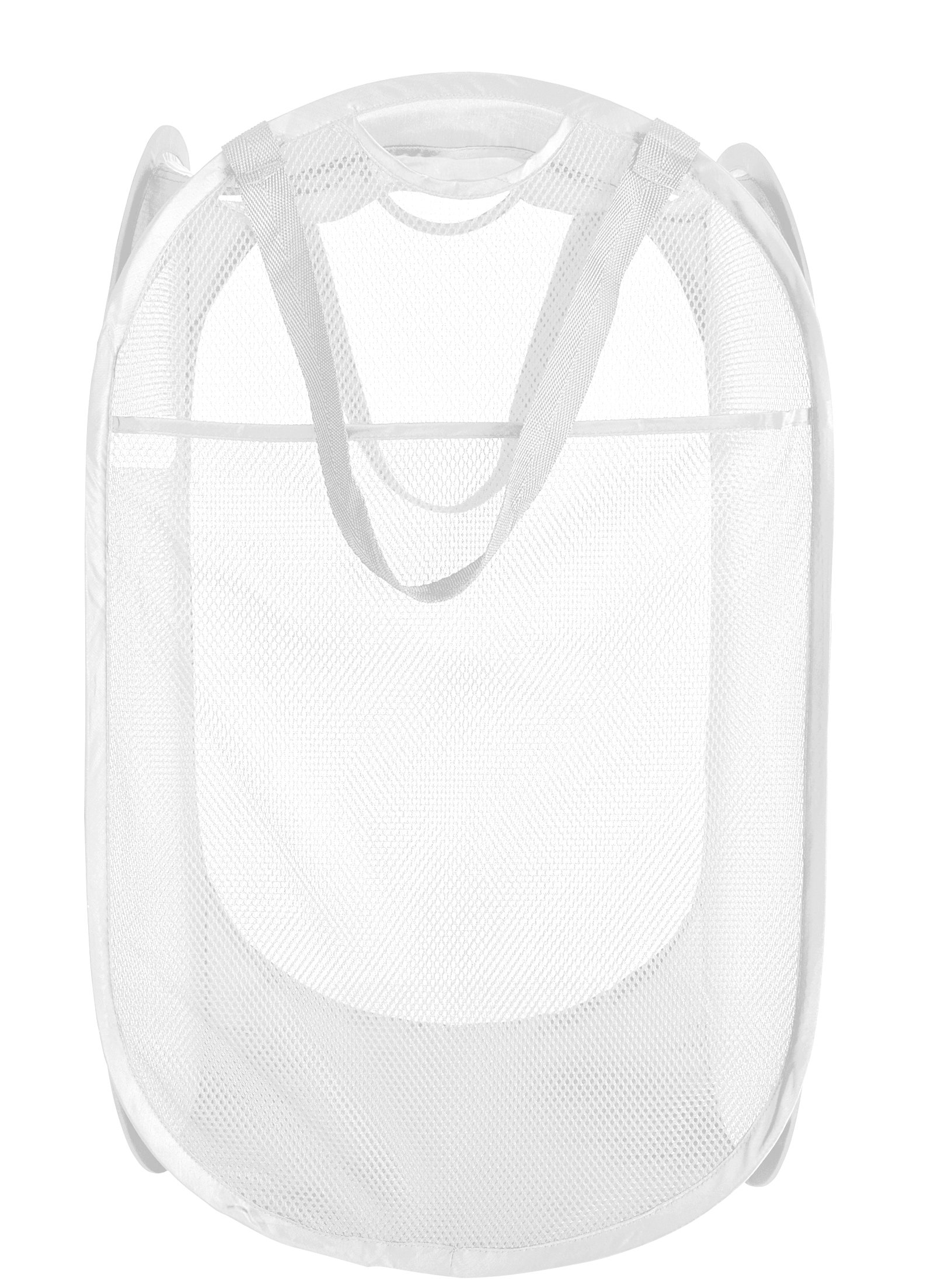 Smart Design Deluxe Mesh Pop Up Square Laundry Hamper w/ Side Pocket & Handles - VentilAir Fabric Collapsible Design - for Clothes & Laundry - Home - (Holds 2 Loads) (14 x 23 Inch) [White]
