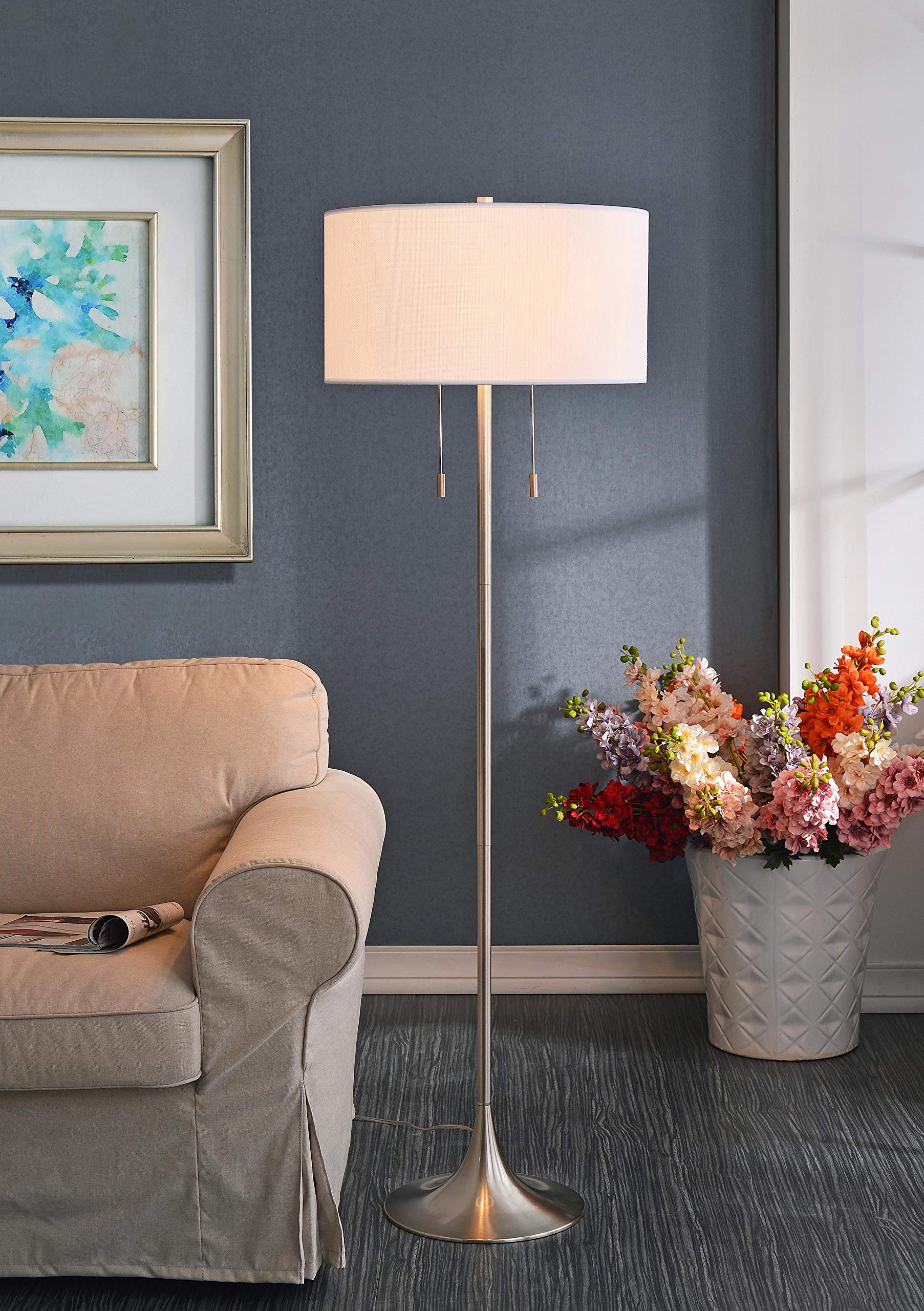 Kenroy Home 21405BS Stowe Floor Lamp with Brushed Steel Finish, Modern Style, 61" Height, 19" Width, 19" Depth