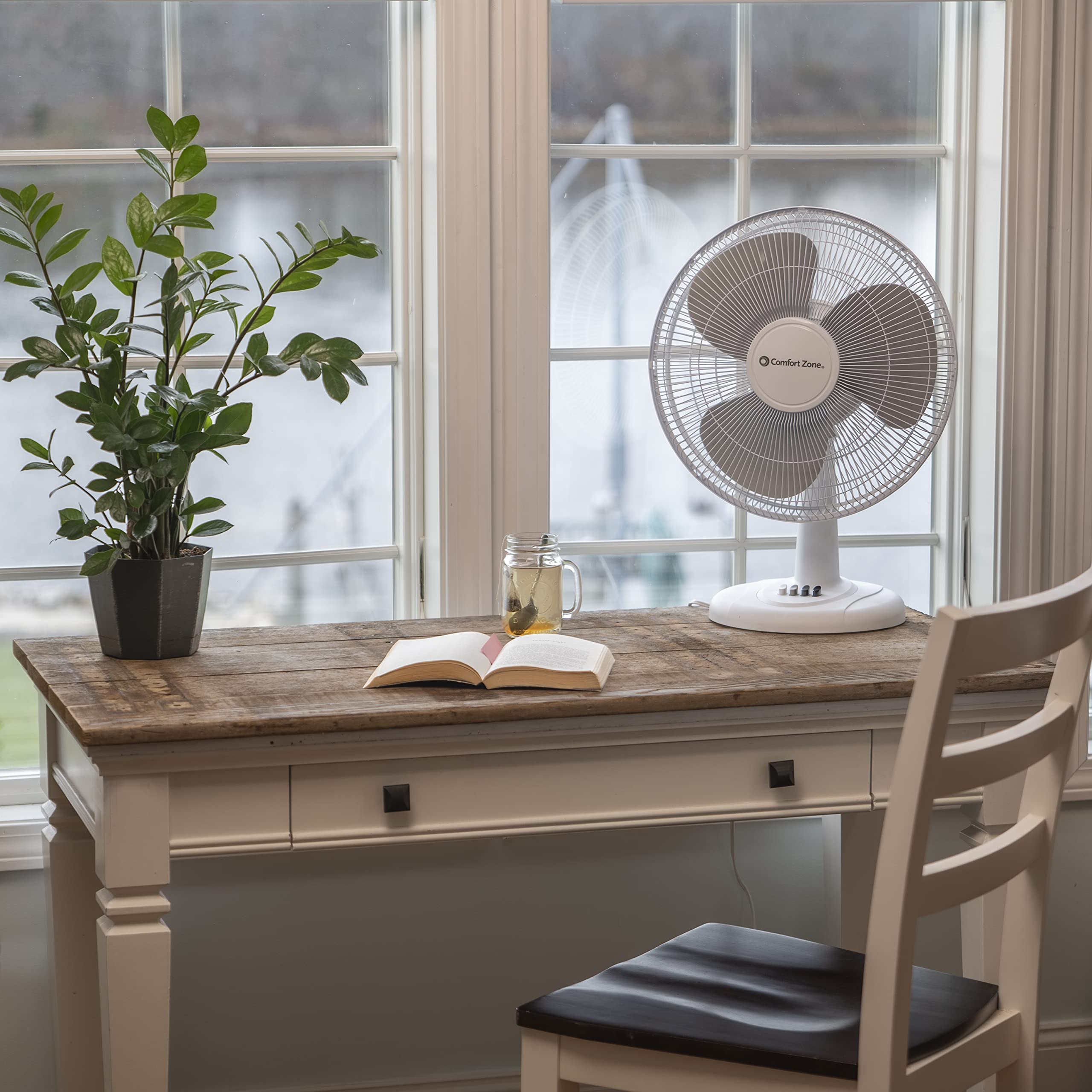 Comfort Zone CZ121WT 12” 3-Speed Oscillating Table Fan with Adjustable Tilt, Convenient Push Button Controls, Quiet Operation, White