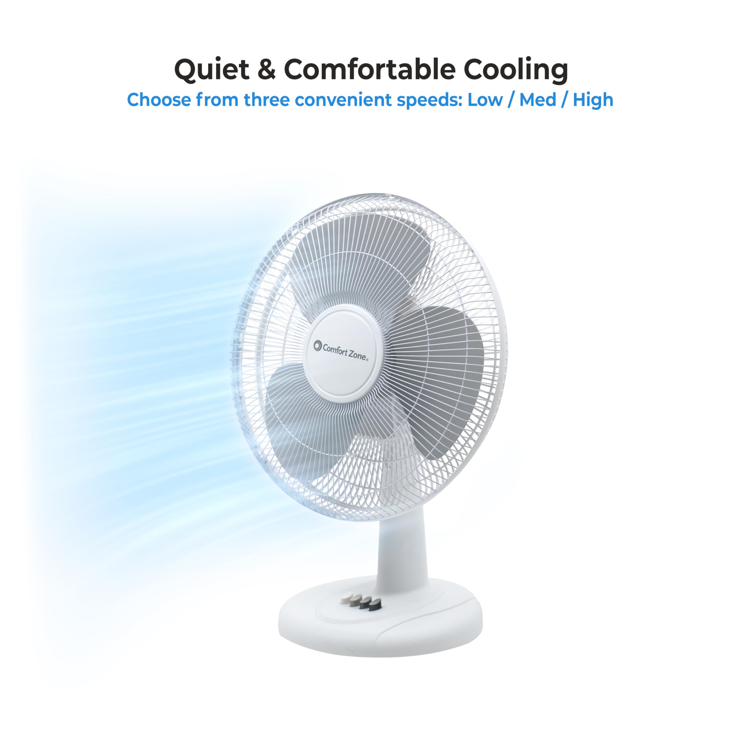 Comfort Zone CZ121WT 12” 3-Speed Oscillating Table Fan with Adjustable Tilt, Convenient Push Button Controls, Quiet Operation, White
