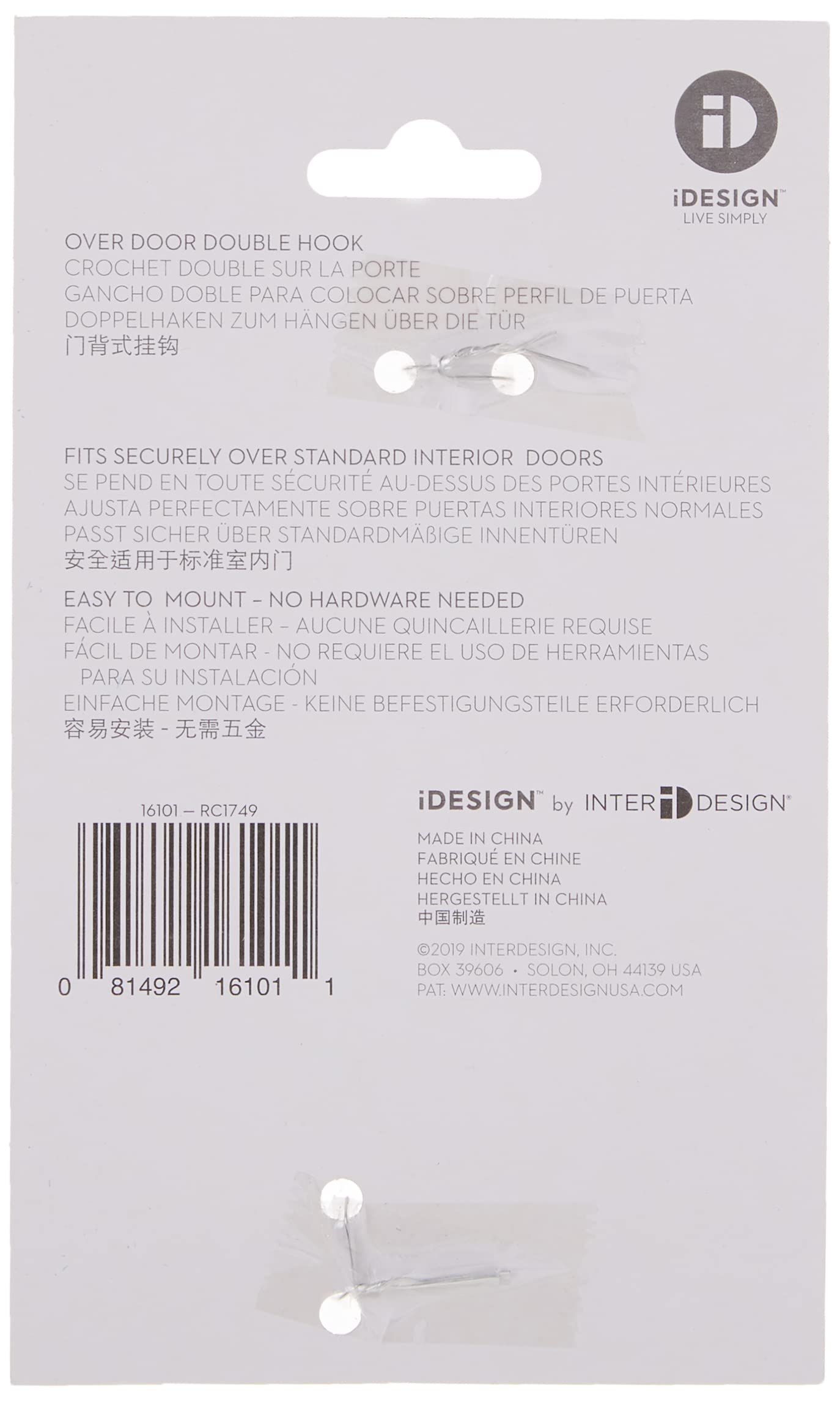 iDesign Over the Door, Organizer Hook for Coats, Hats, Robes, Towels - Double Hook, White