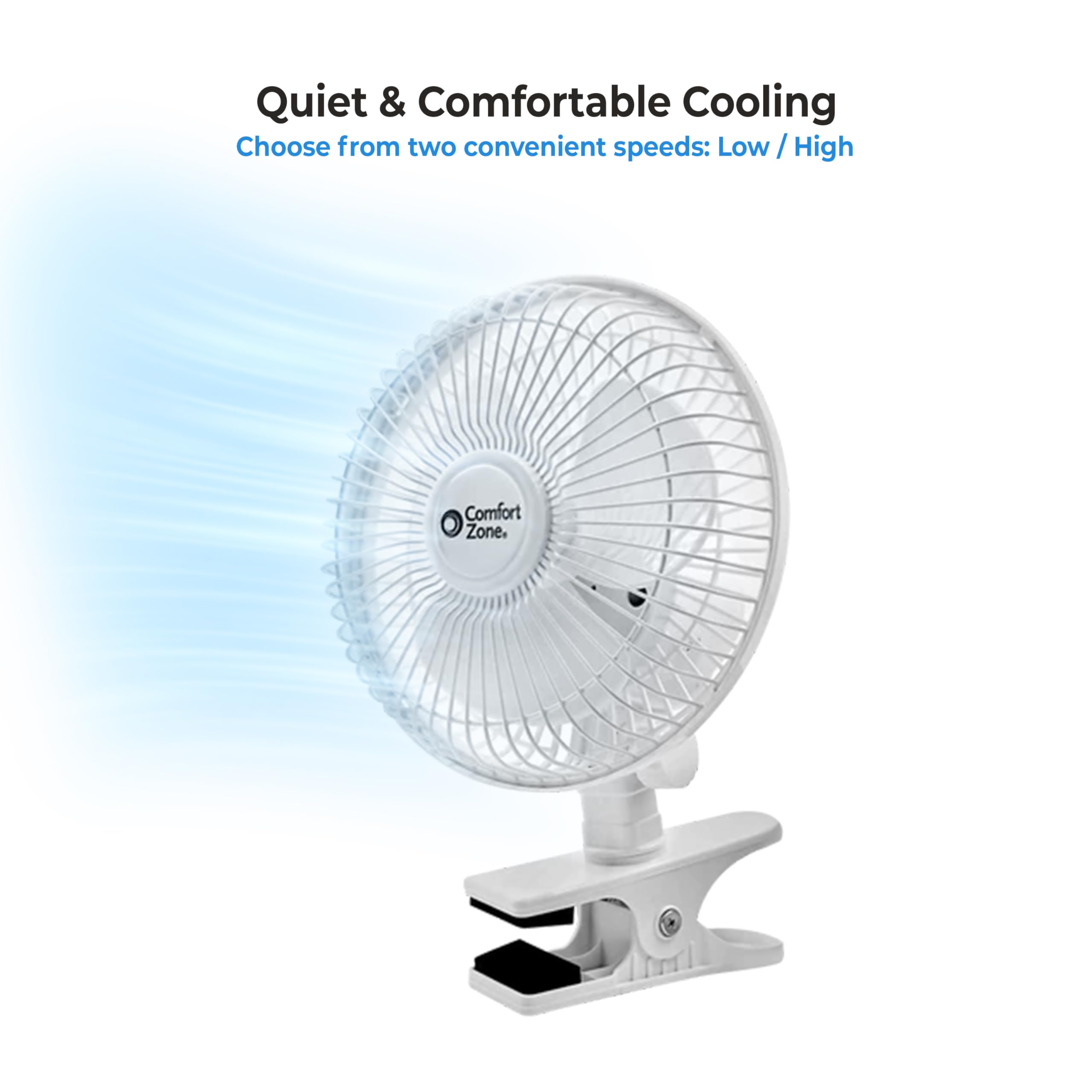 Comfort Zone CZ6C 6-inch Quiet Portable Indoor 2-Speed Desk Fan with Clip and Fully Adjustable Tilt, White for Home, Office, Bedroom