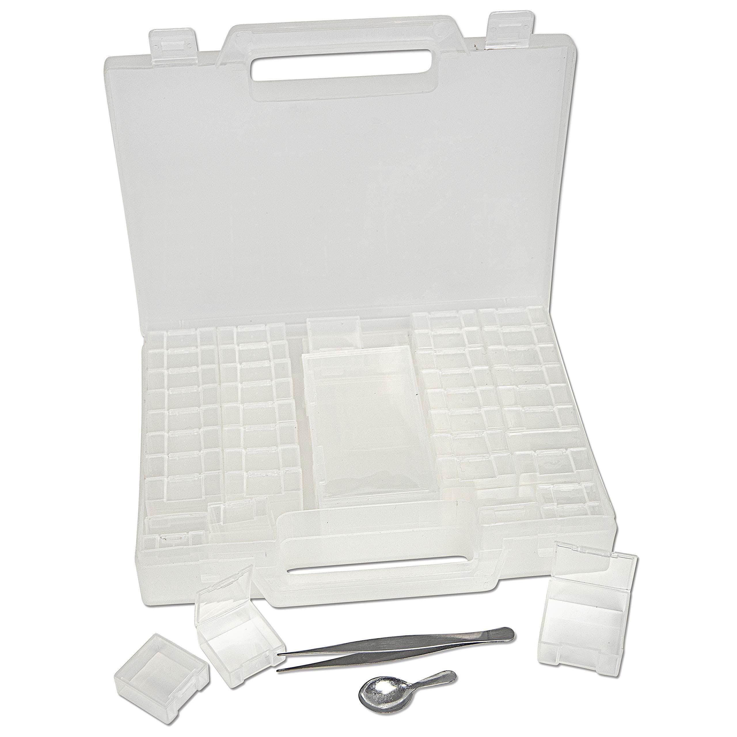The Beadsmith Bead Organizer Carrying Case, 55 piece set, with removable compartments in assorted sizes, a carrying case, plus a bead scoop and tweezer.