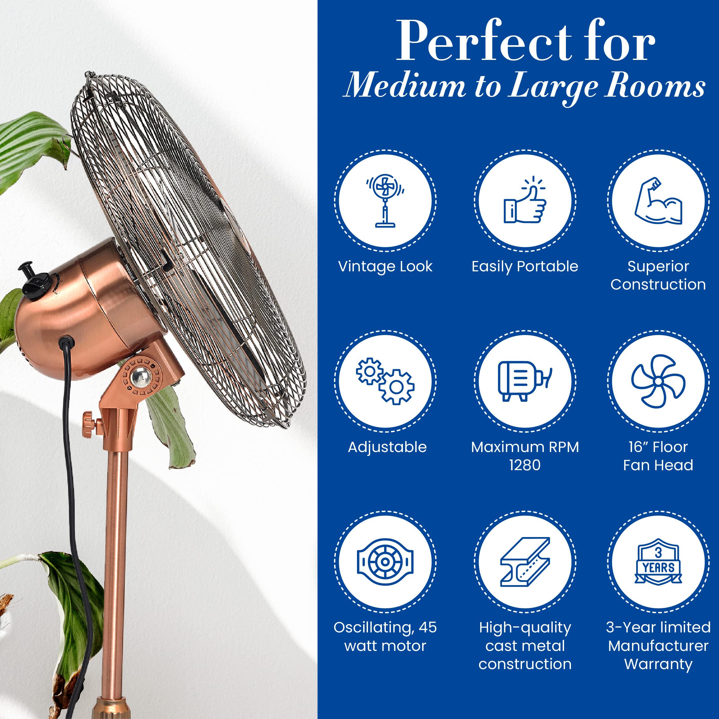DecoBREEZE Pedestal Standing Floor Fan, 3 Speed Oscillating Fan with Adjustable Height, Pearl Black, Retro Fan, 16 inches