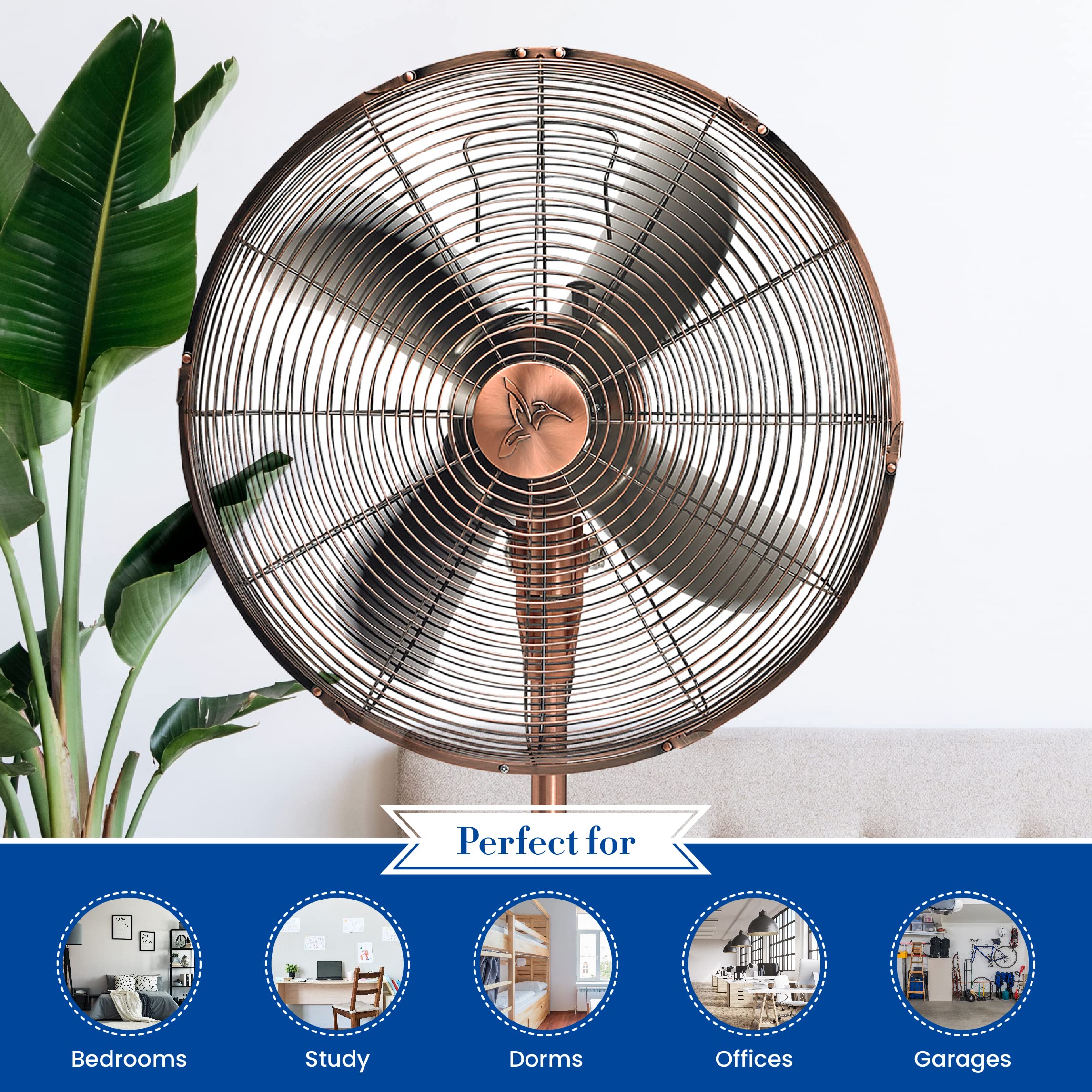 DecoBREEZE Pedestal Standing Floor Fan, 3 Speed Oscillating Fan with Adjustable Height, Pearl Black, Retro Fan, 16 inches