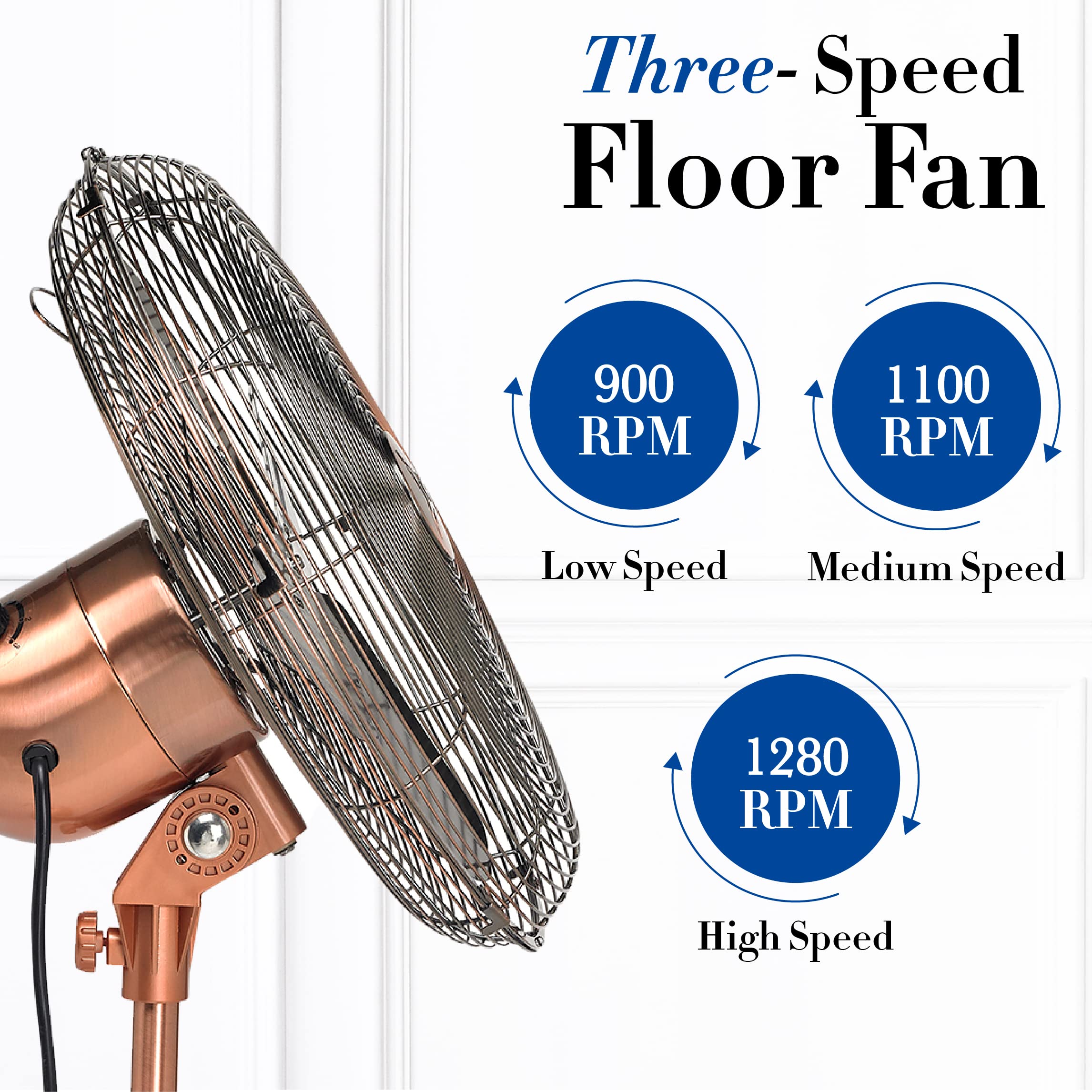 DecoBREEZE Pedestal Standing Floor Fan, 3 Speed Oscillating Fan with Adjustable Height, Pearl Black, Retro Fan, 16 inches