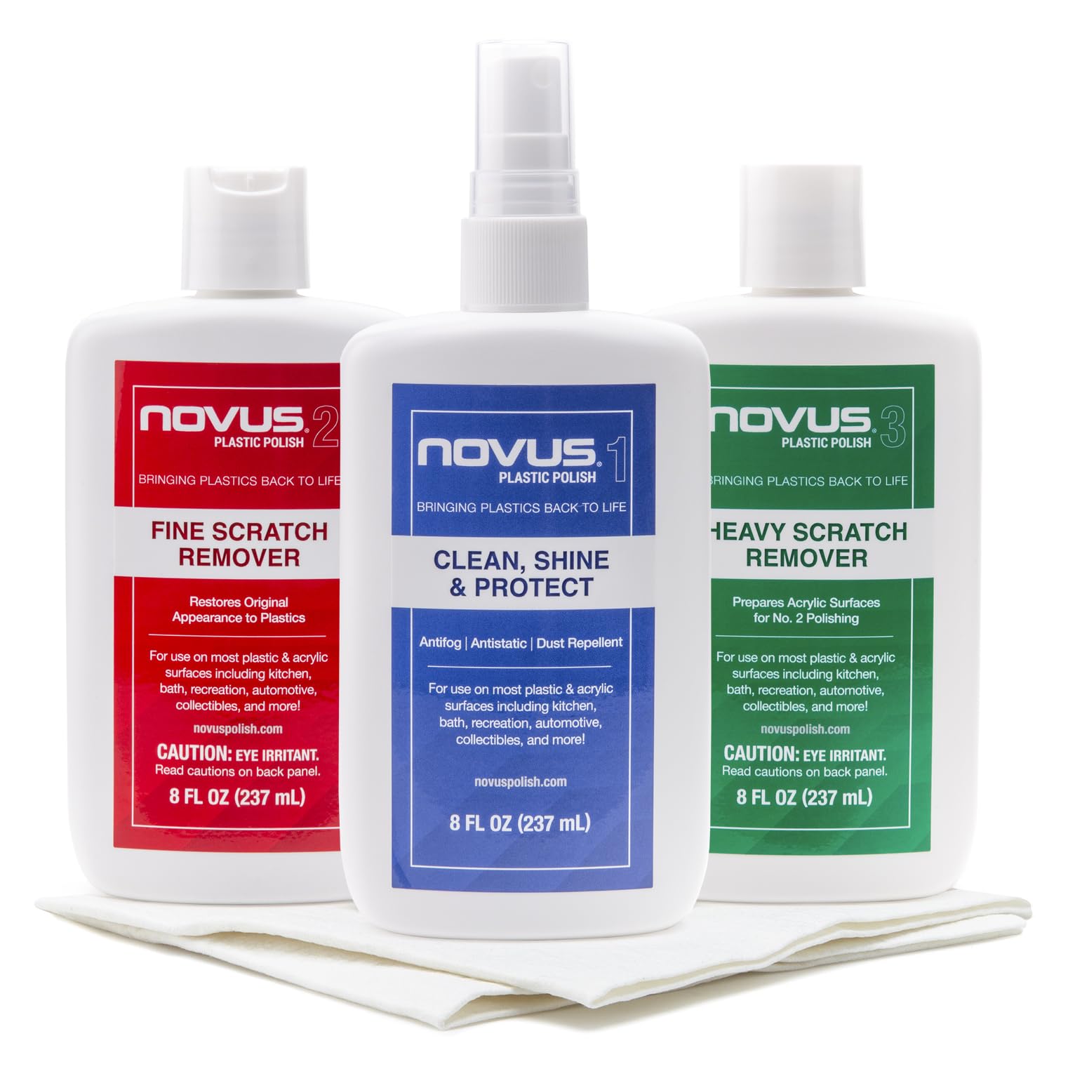 NOVUS-PK1-8 | Plastic Clean & Shine #1, Fine Scratch Remover #2, Heavy Scratch Remover #3 and Polish Mates Pack | 8 Ounce Bottles