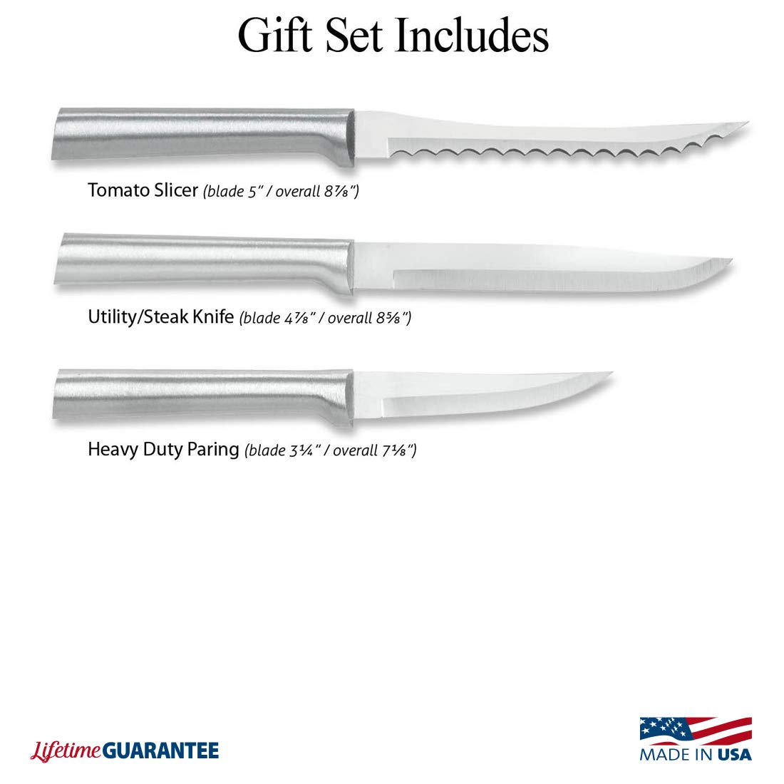Rada Cutlery Cooking Essentials Knife Starter Gift 3 Piece Stainless Steel Set With Brushed Aluminum, Made in the USA, Silver Handle