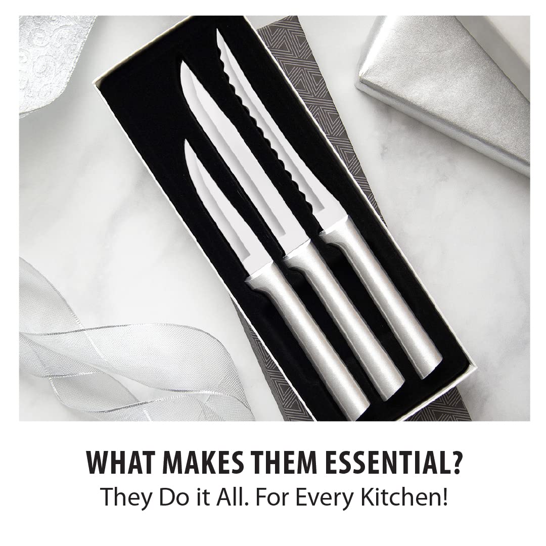 Rada Cutlery Cooking Essentials Knife Starter Gift 3 Piece Stainless Steel Set With Brushed Aluminum, Made in the USA, Silver Handle