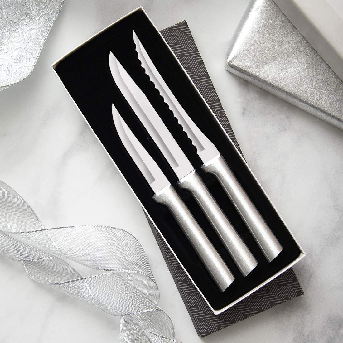 Rada Cutlery Cooking Essentials Knife Starter Gift 3 Piece Stainless Steel Set With Brushed Aluminum, Made in the USA, Silver Handle