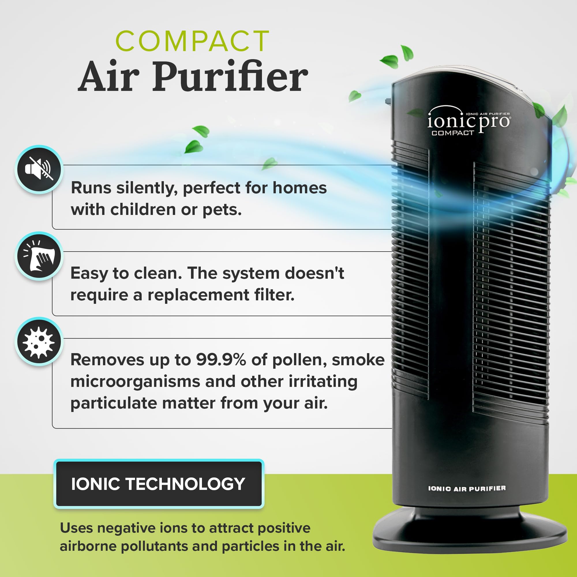 ENVION CA200 Ionic Pro Medium Room Silent Compact Tower Air Purifier with High and Low Settings, Removes Pollen, Smoke, and Irritant Particles, Black