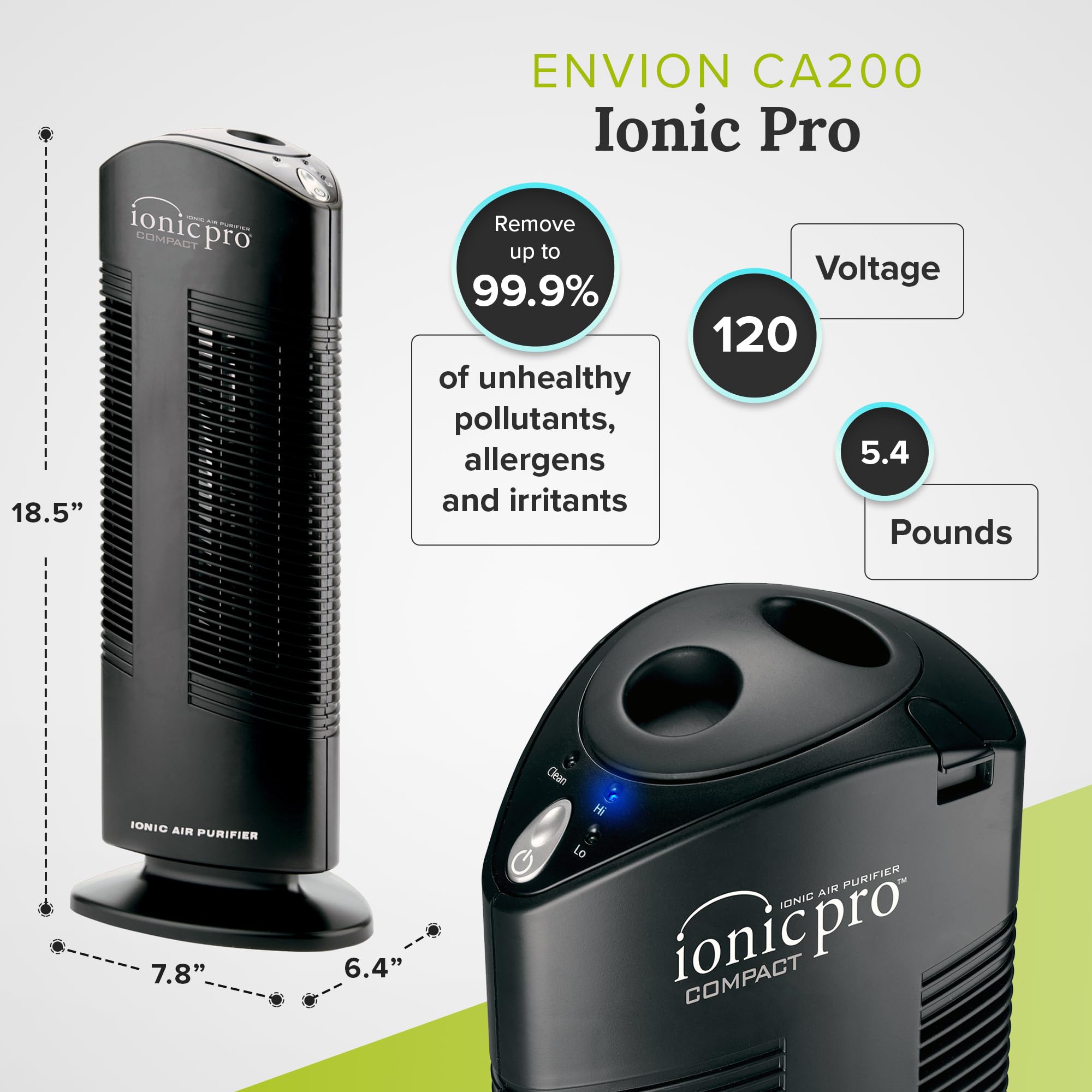ENVION CA200 Ionic Pro Medium Room Silent Compact Tower Air Purifier with High and Low Settings, Removes Pollen, Smoke, and Irritant Particles, Black