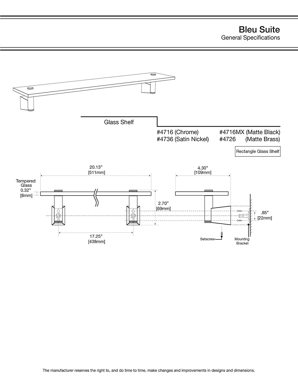 Gatco 4716 Bleu Glass Shelf, Chrome