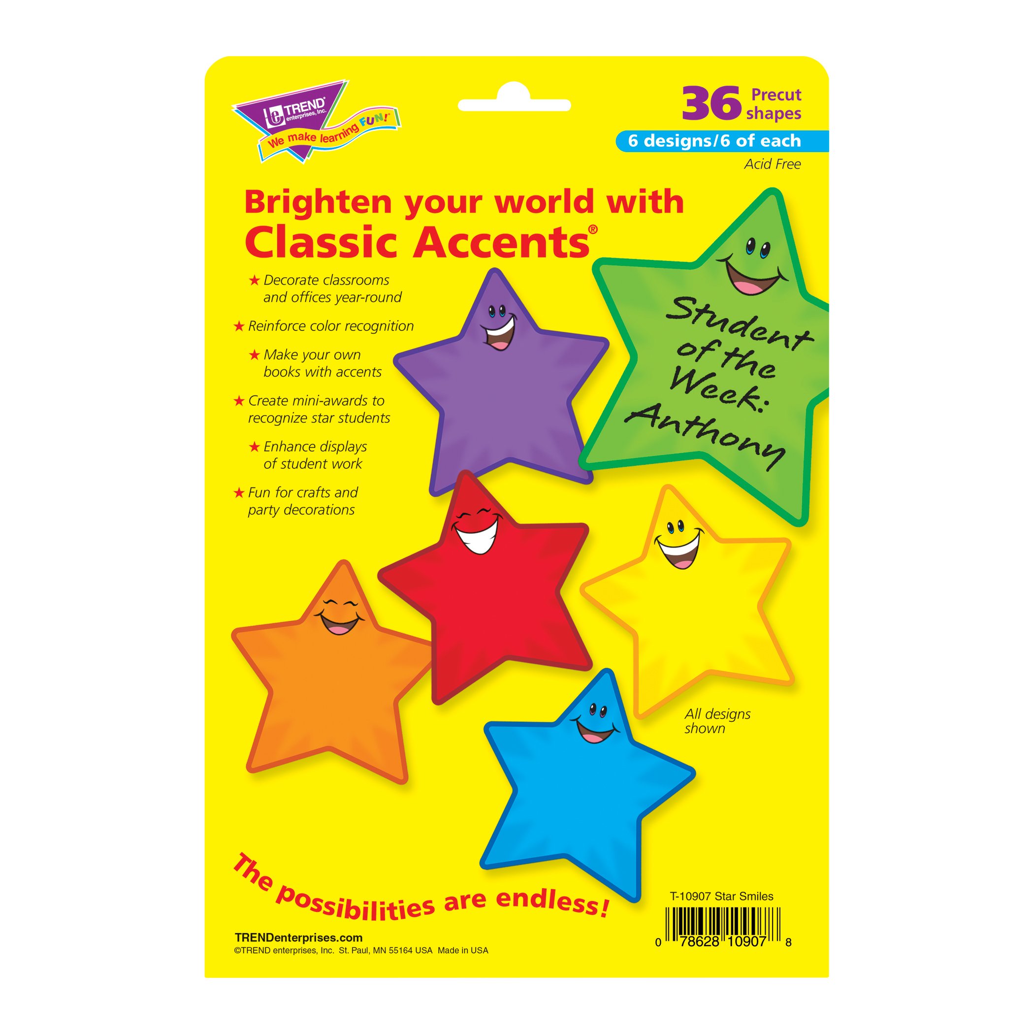 TREND ENTERPRISES Accents, Star Smiles Classic, 5-1/2-Inch Tall, 36/Pack, Multi (TEPT10907)