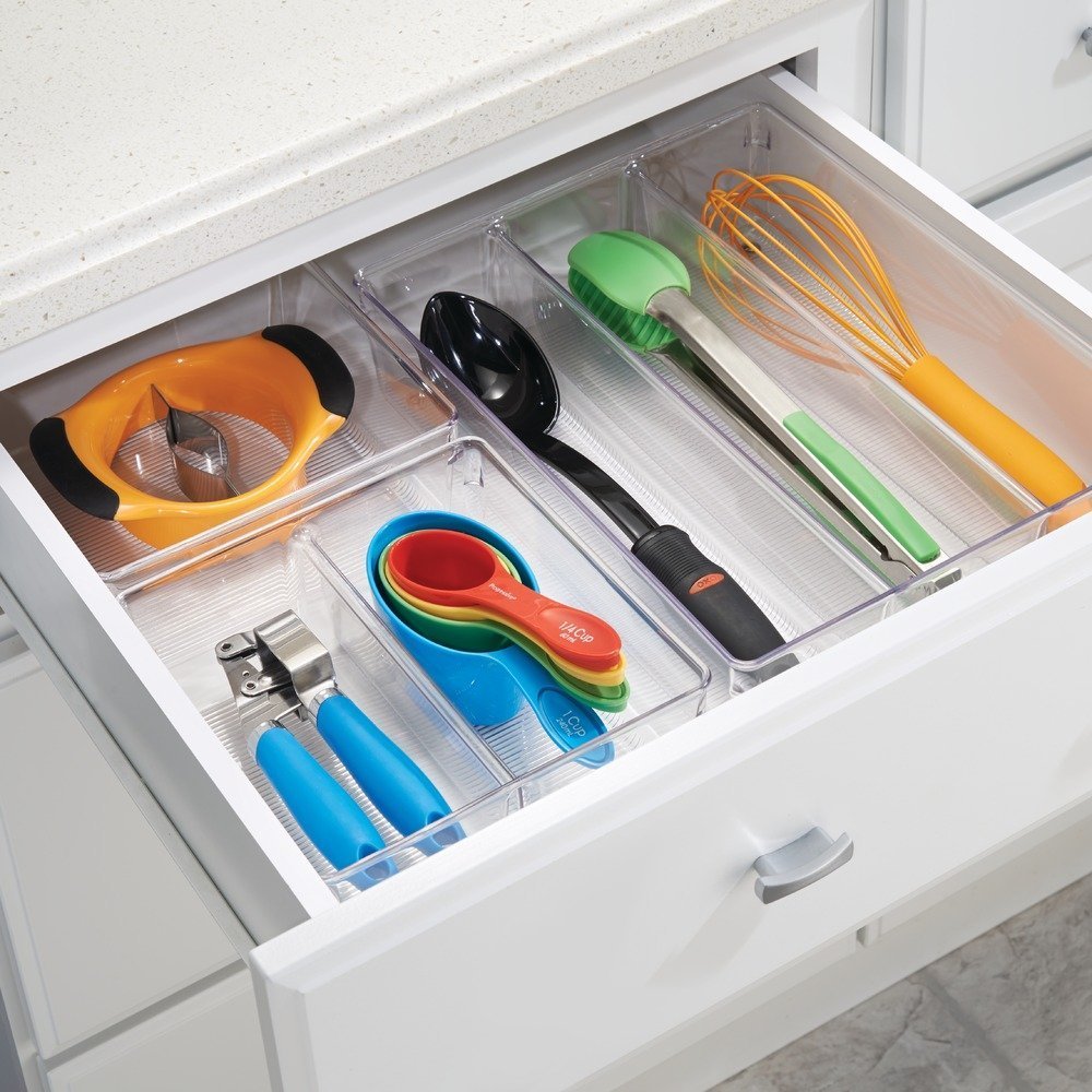 InterDesign Linus Kitchen Drawer Organizer for Silverware, Spatulas, Gadgets - 8" x 8" x 3", Clear