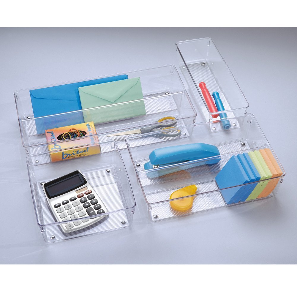 InterDesign Linus Kitchen Drawer Organizer for Silverware, Spatulas, Gadgets - 8" x 8" x 3", Clear