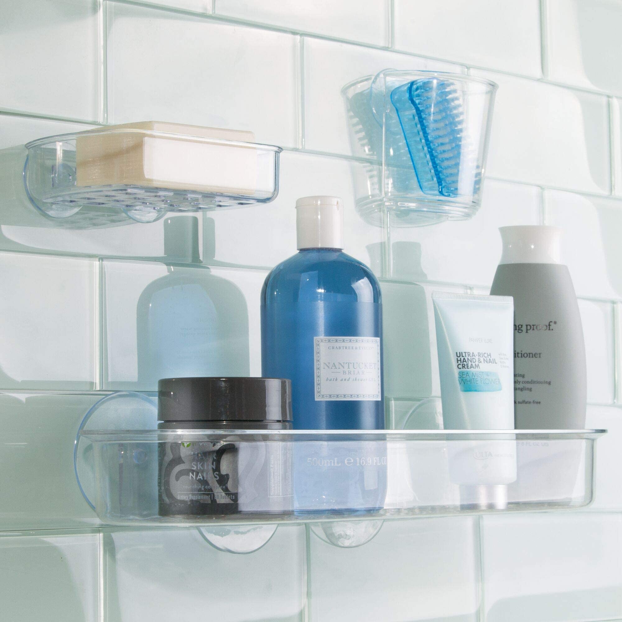 iDesign Plastic Bathroom Suction Holder, Shower Organizer Shelf Basket for Sponges, Scrubbers, Soap, Shampoo, Conditioner, 15" x 4.5" x 2" - Clear
