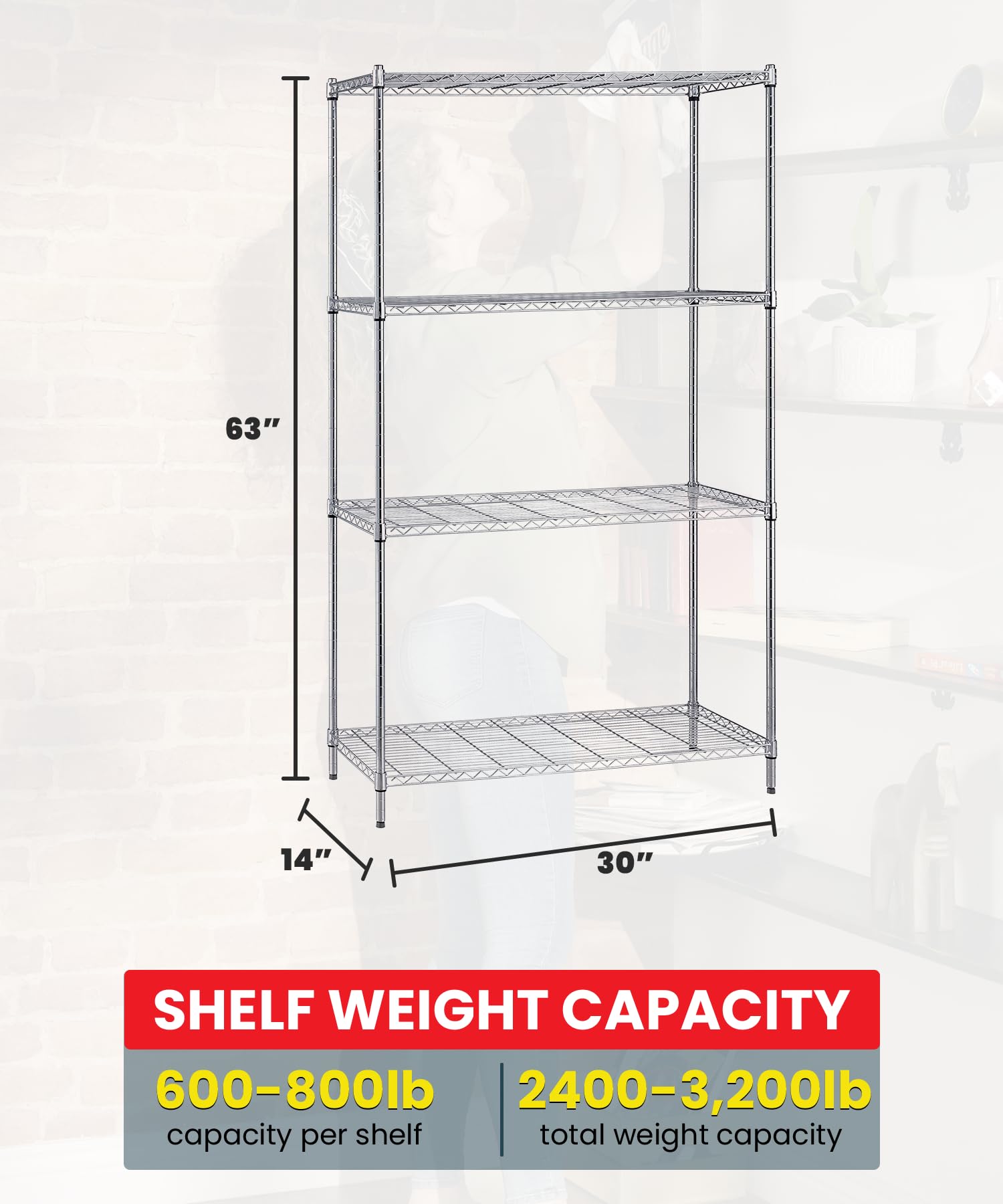 Quantum Storage Systems WR63-1430C Starter Kit for 63" High 4-Tier Wire Shelving Unit, Chrome Finish, 800 lb. Per Shelf Capacity, 14" Width x 30" Length x 63" Height
