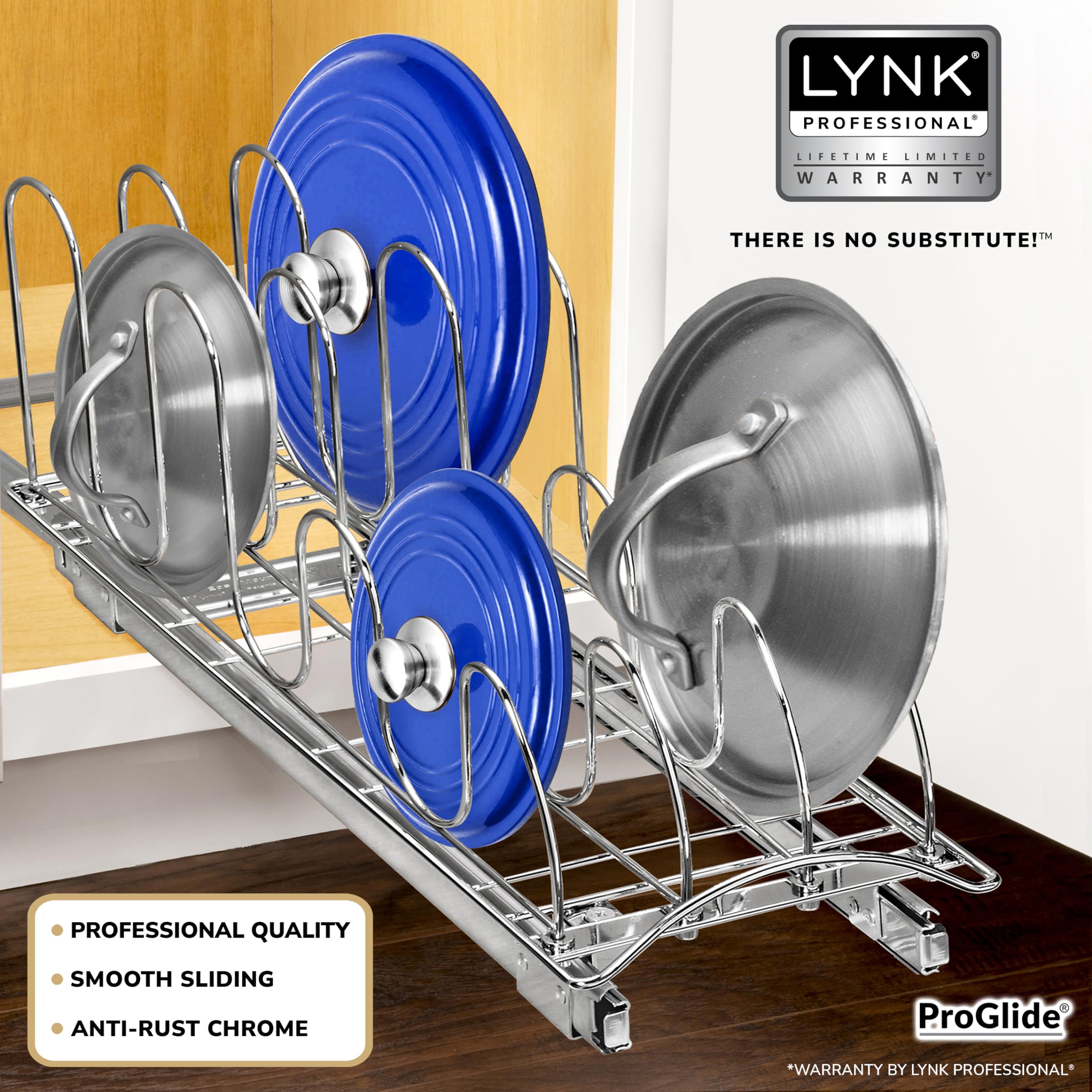 Lynk Professional® Slide Out Pan and Pot Lid Organizer for Cabinet - Pull Out Lid Organizer for Cabinet - 7.25 inch wide x 21 inch deep - Chrome