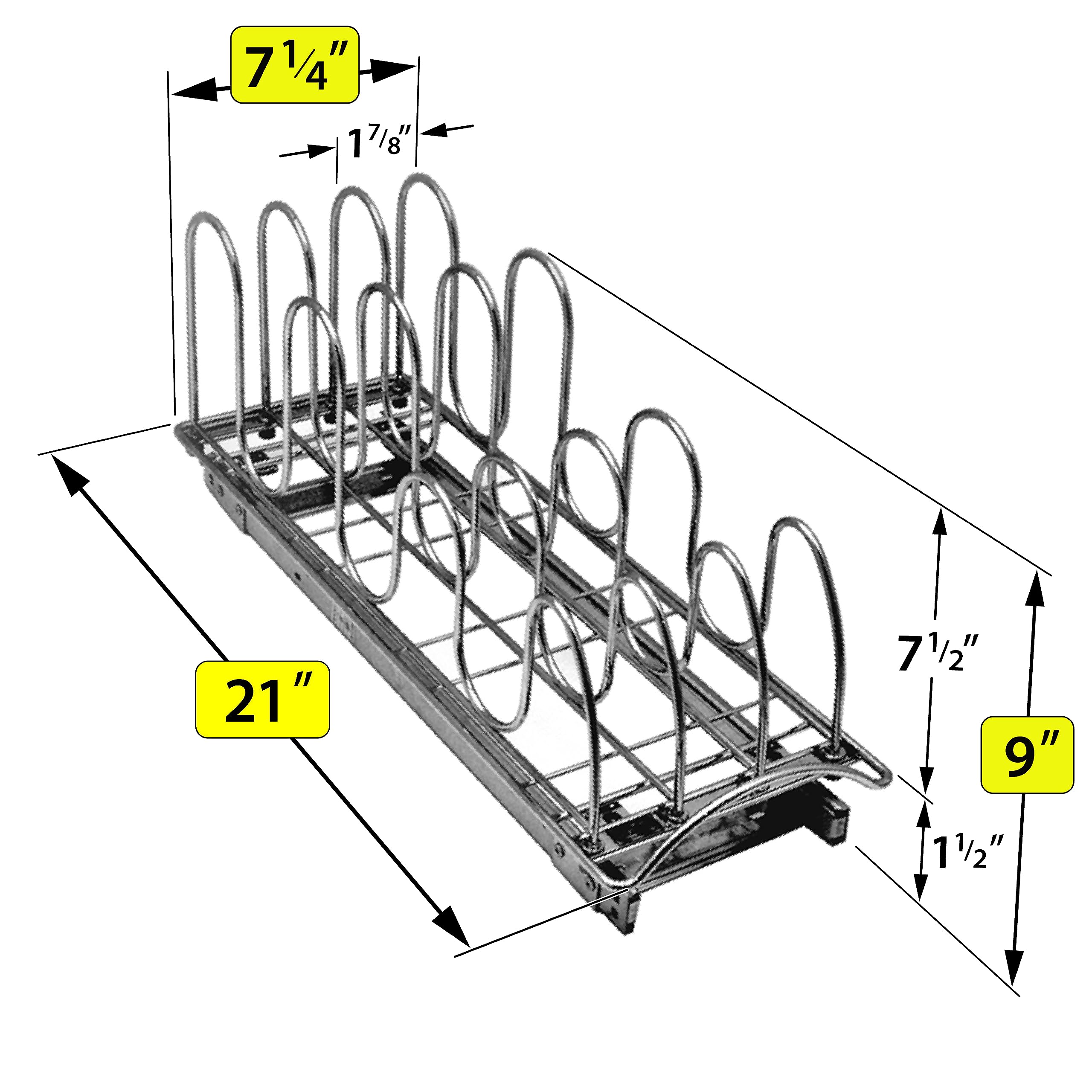 Lynk Professional® Slide Out Pan and Pot Lid Organizer for Cabinet - Pull Out Lid Organizer for Cabinet - 7.25 inch wide x 21 inch deep - Chrome