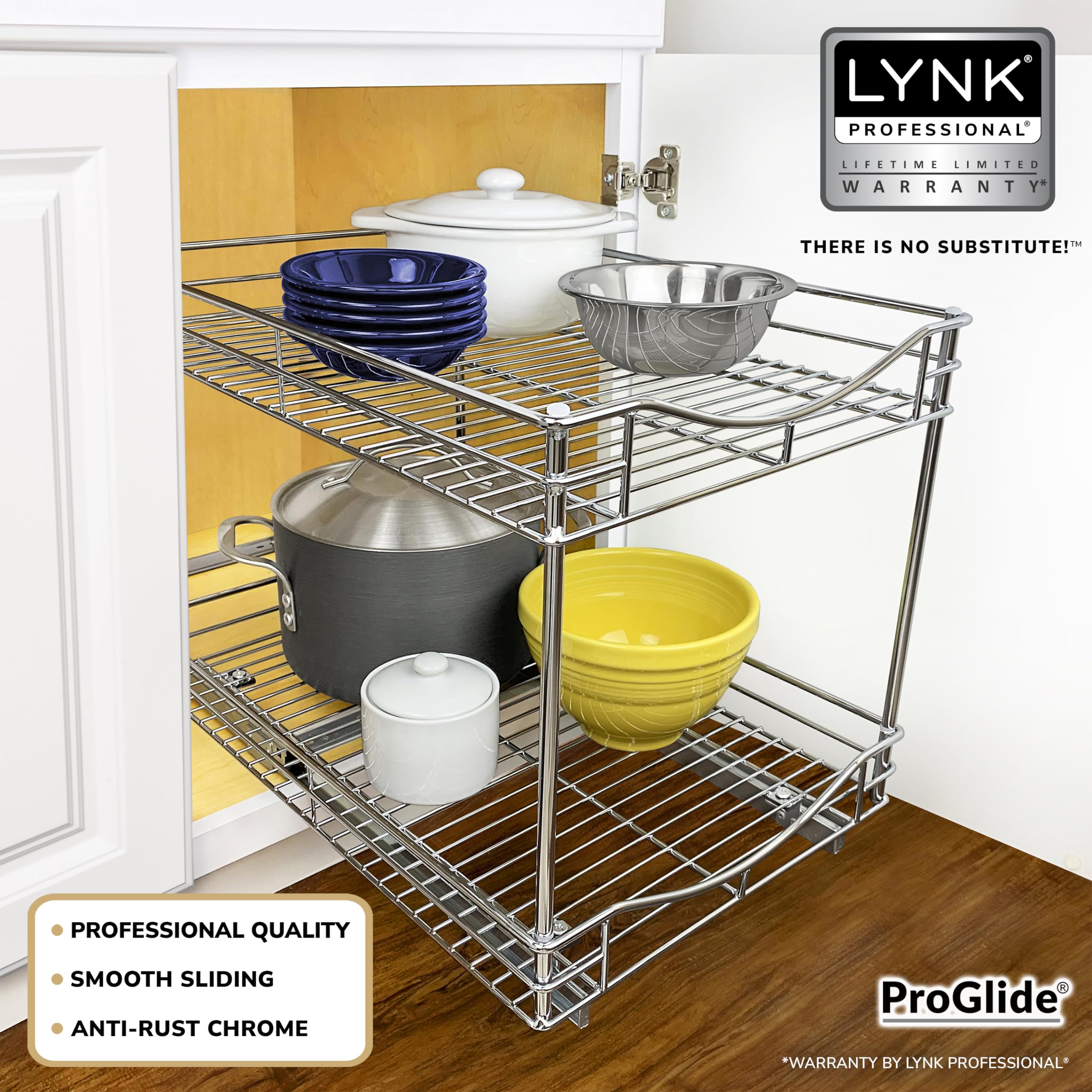 LYNK PROFESSIONAL® Pull Out Cabinet Organizer, Double - Slide Out Pantry Shelves - Sliding Storage for Inside Kitchen Cabinet or Under Sink - Roll Out Drawer for Pots, Pans - 14" x 21" Deep - Chrome