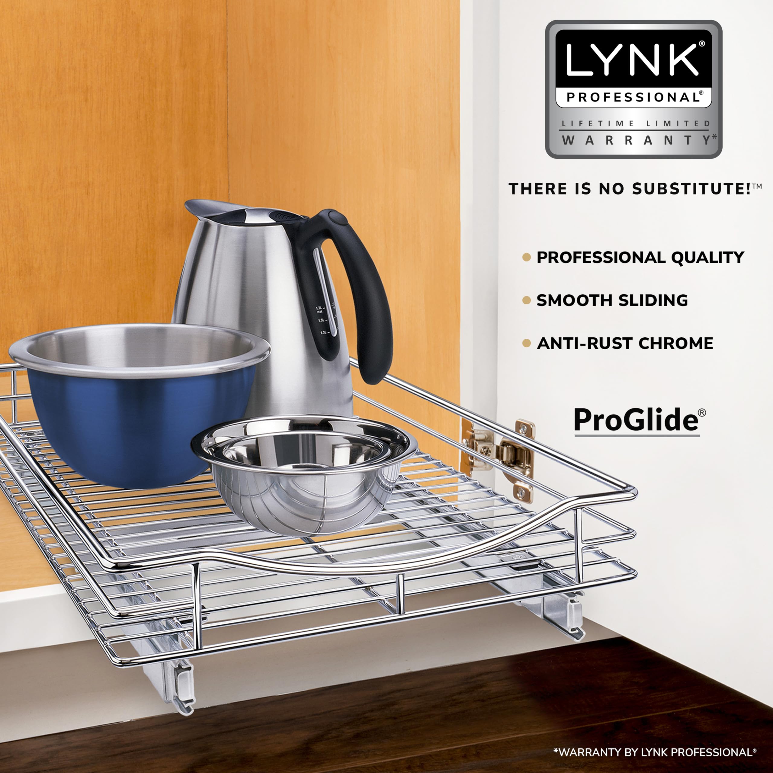 LYNK PROFESSIONAL® Pull Out Cabinet Organizer - Slide Out Pantry Shelves - Sliding Storage for Inside Kitchen Cabinet or Under Sink - Roll Out Drawer for Pots, Pans - 14" Wide x 21" Deep - Chrome