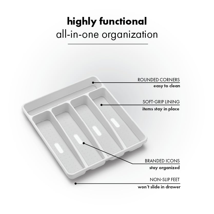 madesmart Classic Small Silverware Tray - White | CLASSIC COLLECTION | 5-Compartments | Icons help sort Flatware, Utensils and Cutlery | Soft-grip Lining and Non-slip Feet | BPA-Free