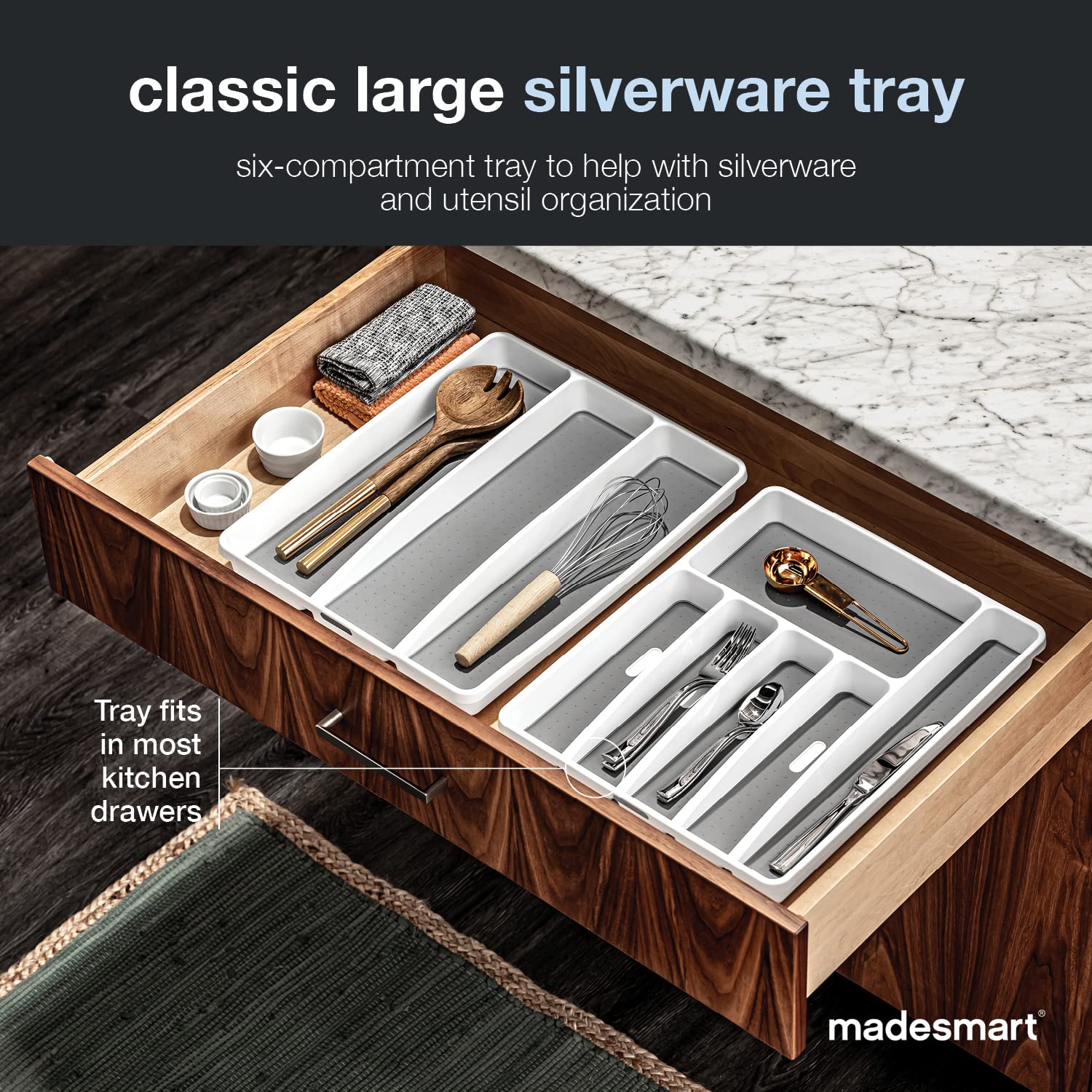 madesmart Large Silverware Tray - White |CLASSIC COLLECTION | 6-Compartments| Kitchen Drawer Organizer | Soft-Grip Lining and Non-Slip Rubber Feet | BPA-Free