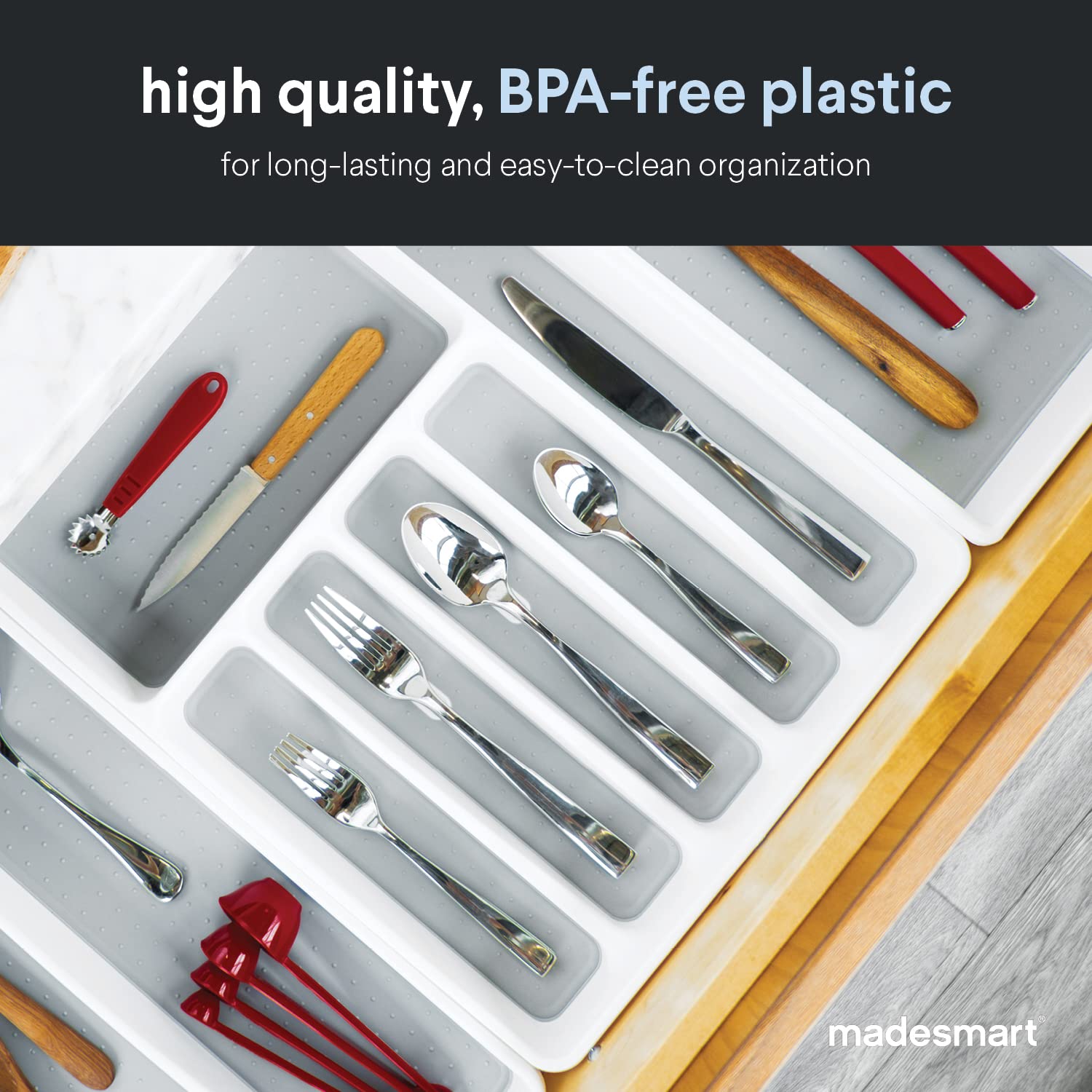 madesmart Large Silverware Tray - White |CLASSIC COLLECTION | 6-Compartments| Kitchen Drawer Organizer | Soft-Grip Lining and Non-Slip Rubber Feet | BPA-Free