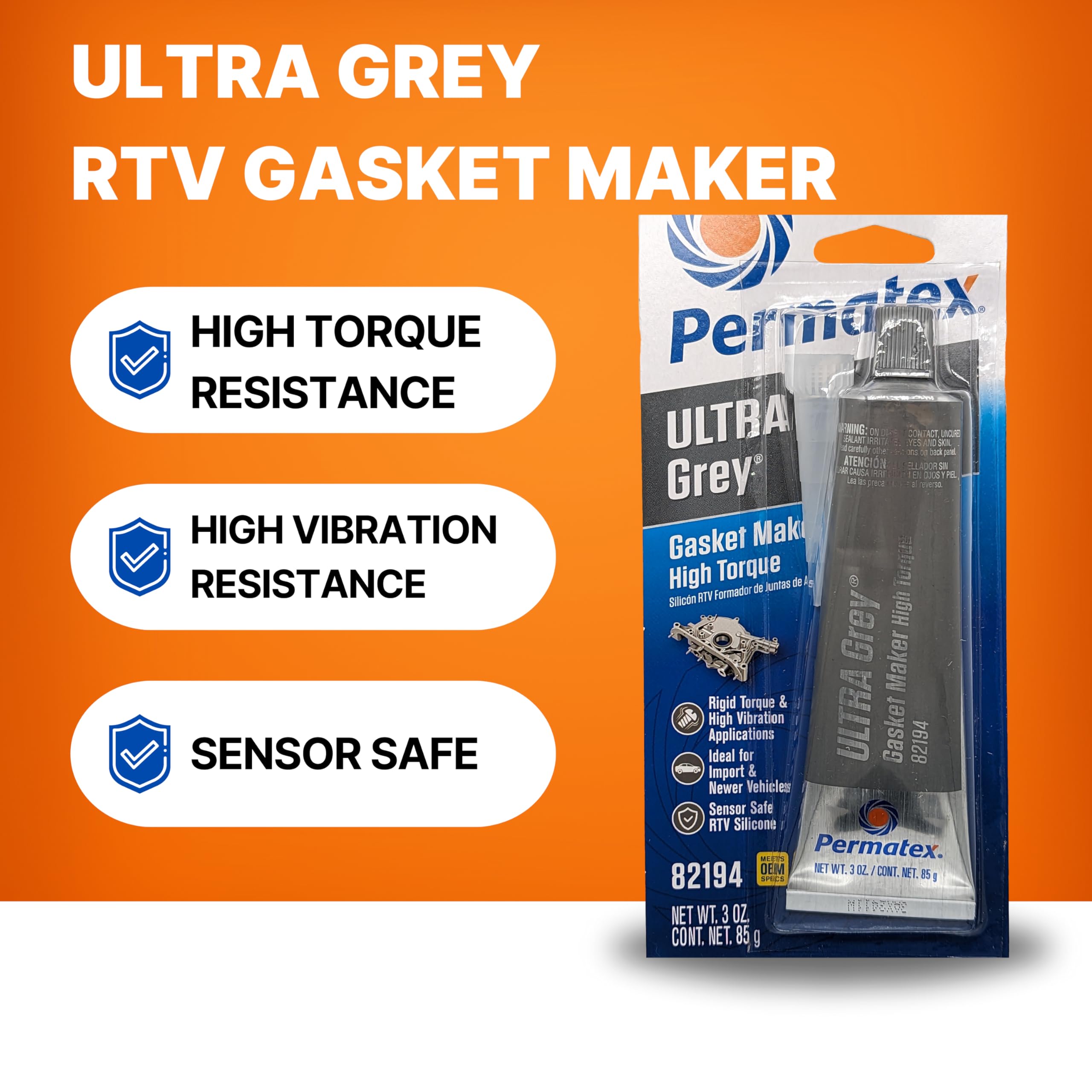 Permatex 82194 Ultra Grey Rigid High-Torque RTV Silicone Gasket Maker, 3.5 oz.