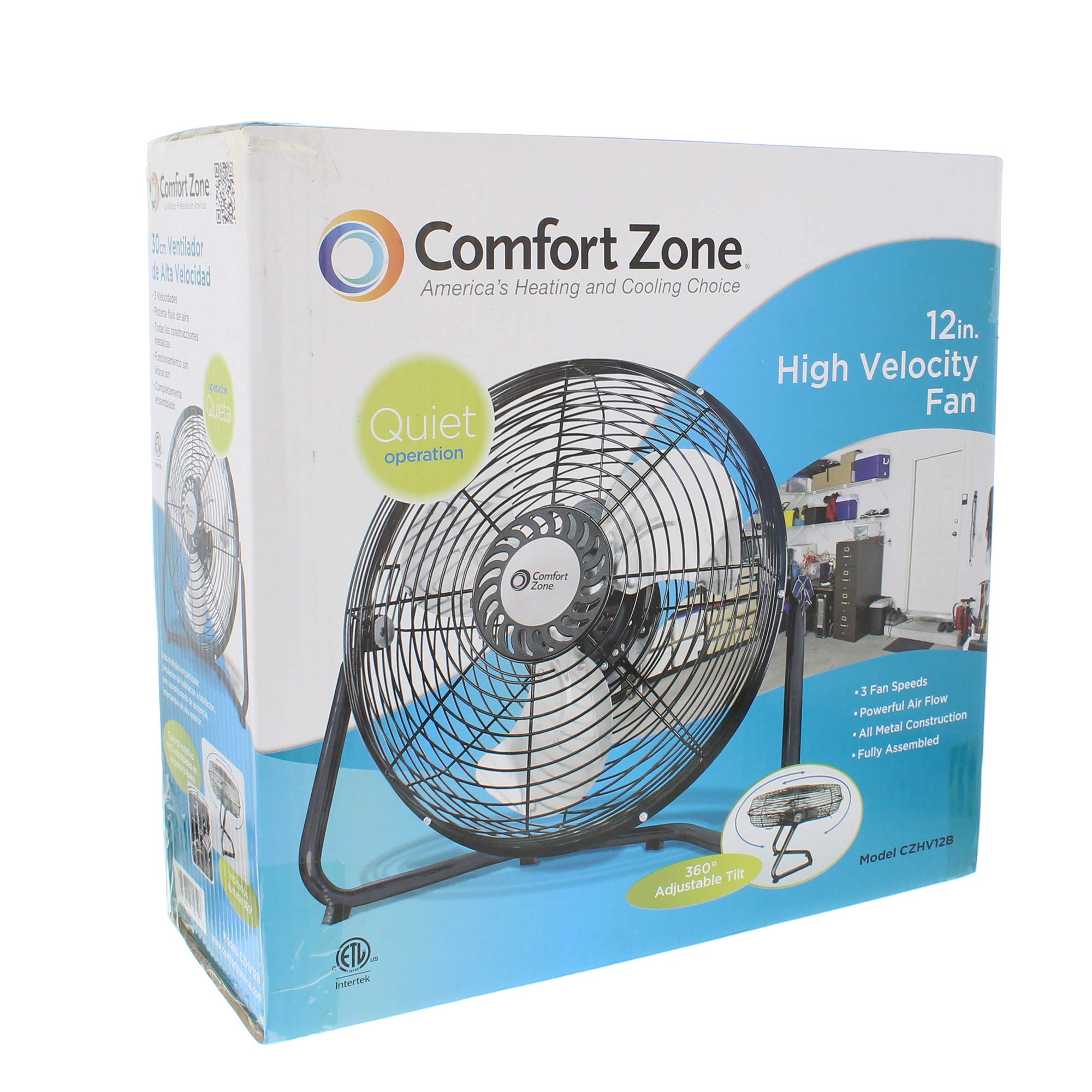 Comfort Zone CZHV12B 12-inch High-Velocity 3-Speed Floor Fan with 180-Degree Tilt, Black