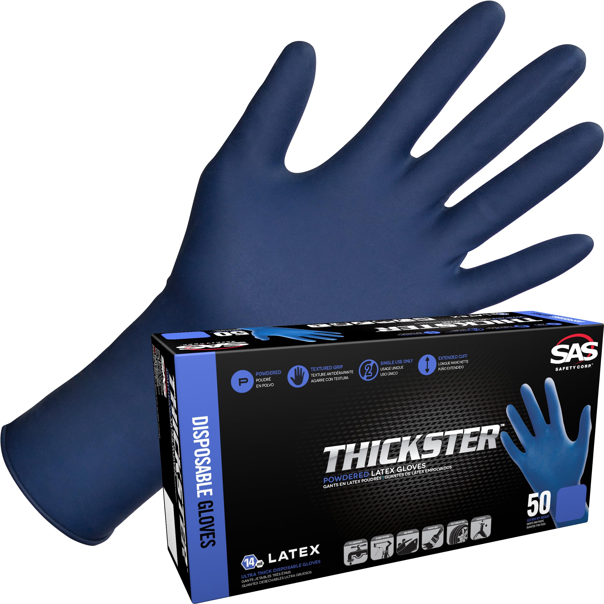 SAS Safety 6604 Thickster X-Large Textured Exam Grade Latex Gloves, Blue