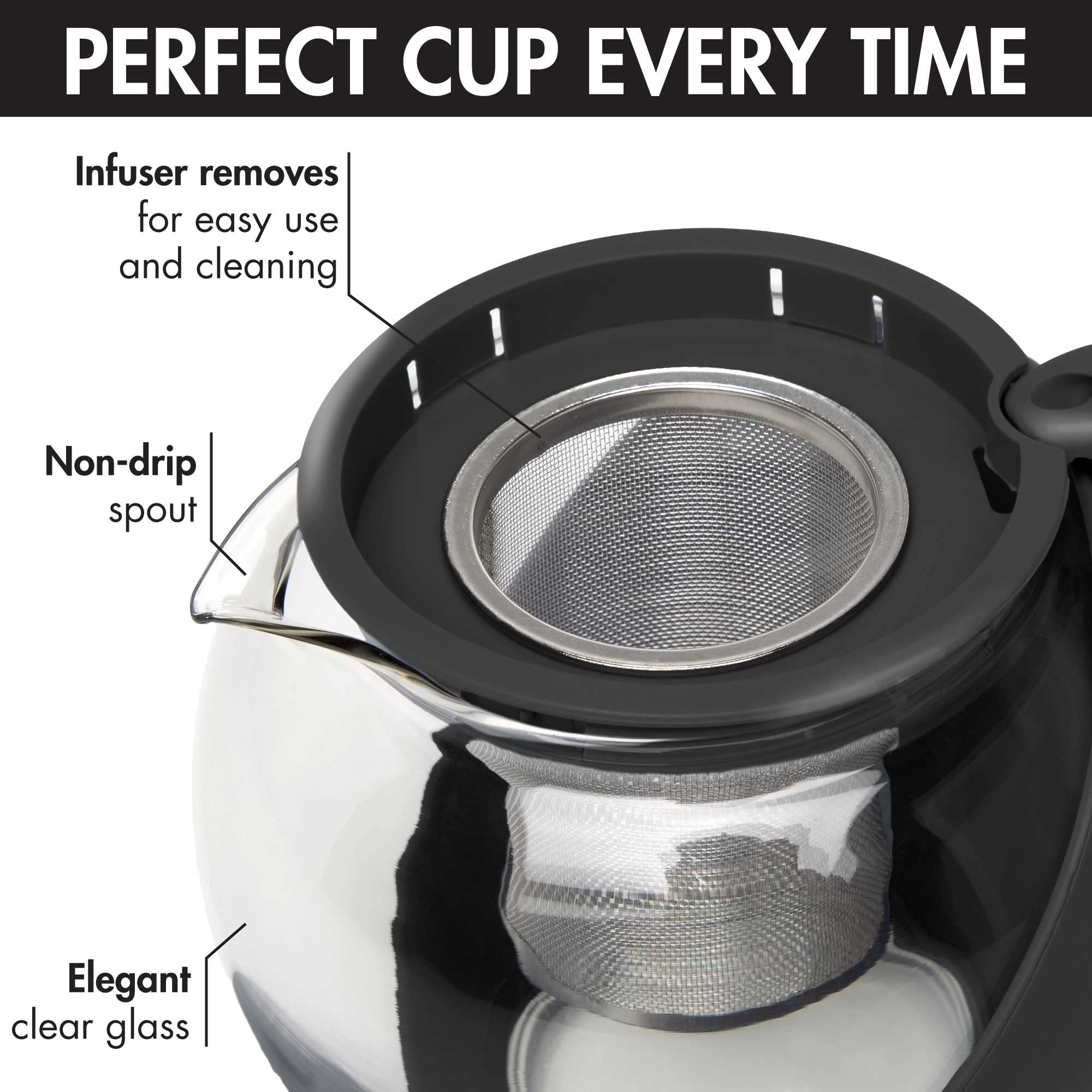 Primula Half Moon Teapot with Removable Infuser, Glass Tea Maker, Stainless Steel Filter, Dishwasher Safe, 40-Ounce, Black