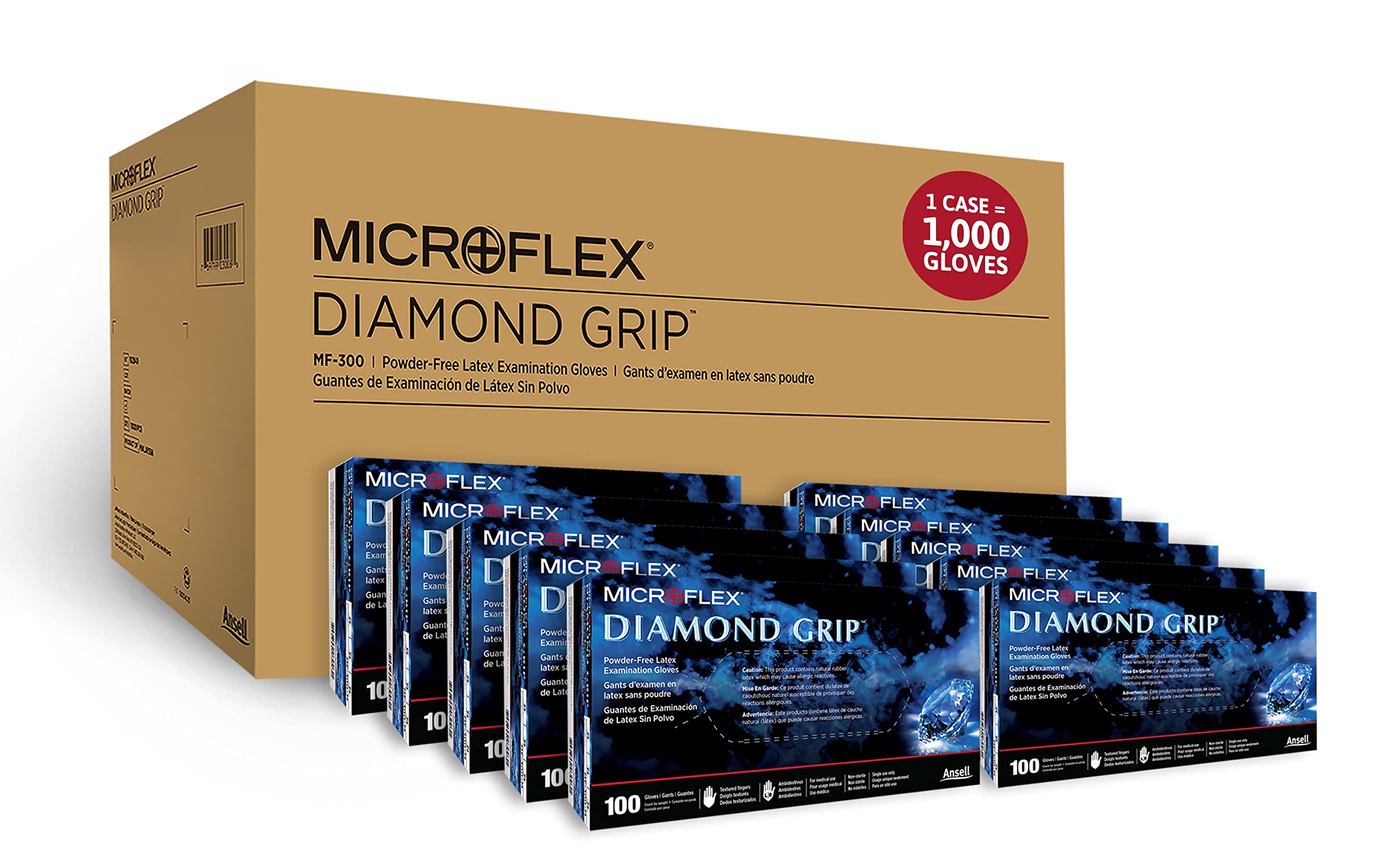 Microflex MF-300-M Diamond Grip Exam Gloves, PF Latex, Textured Fingers, Medium, 100 per Box, 10 Box per Case (Pack of 1000)