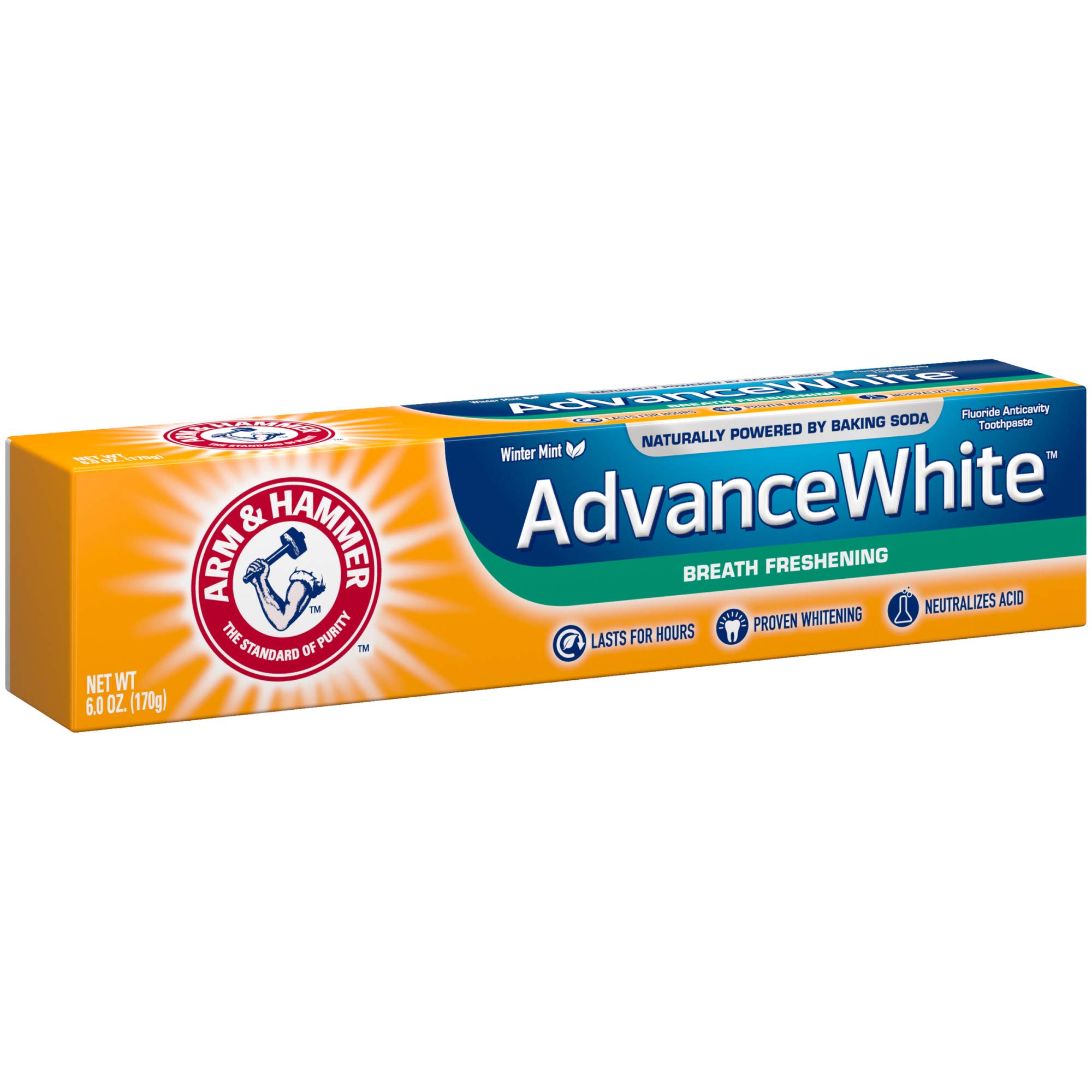 ARM & HAMMER Advanced White Breath Freshening Toothpaste-, One 6oz Tube, Winter Mint- Fluoride Toothpaste (Packaging May Vary)