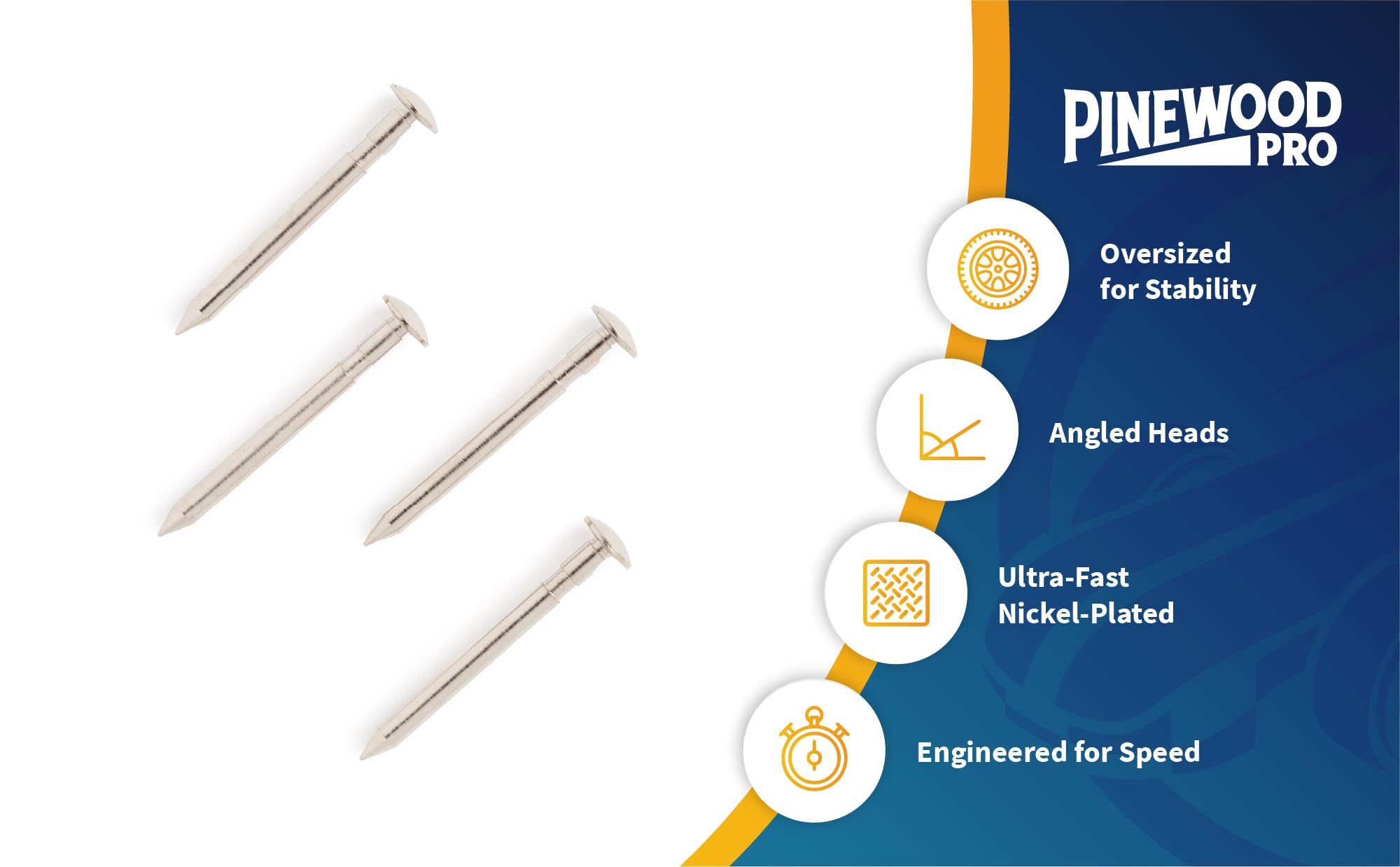 Pinewood Pro Derby Car Machined PRO Polished Speed Axles, Nickel-Plated with 2 Grooves and Angled Head minimizes Friction to get The Fastest axle (4 axles)