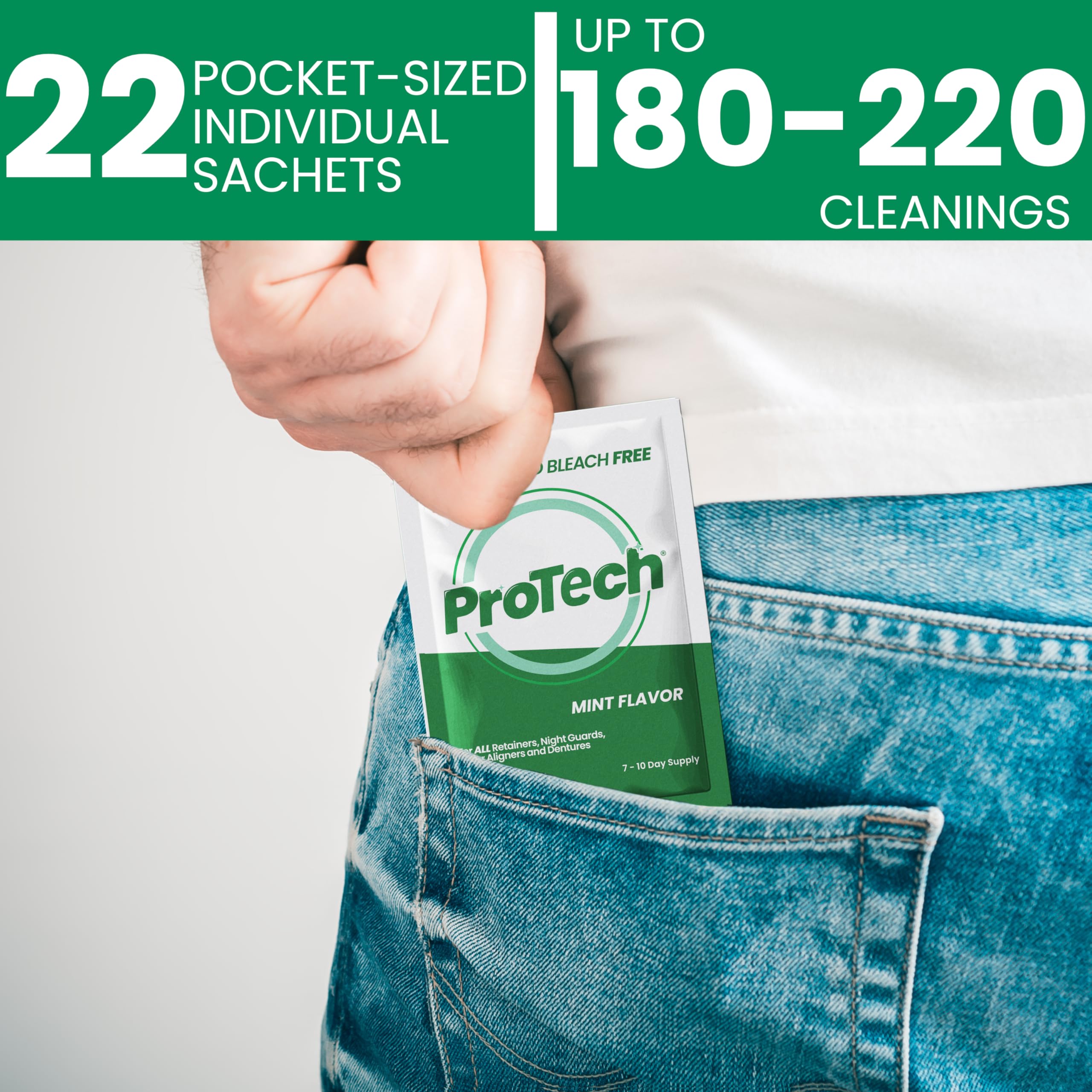 Protech Denture Cleaner (180 Days) Denture Cleanser for Retainers, Mouthguards, and Dentures, Nicotine and Coffee Stains Cleaner, Powder, 6-Month Supply