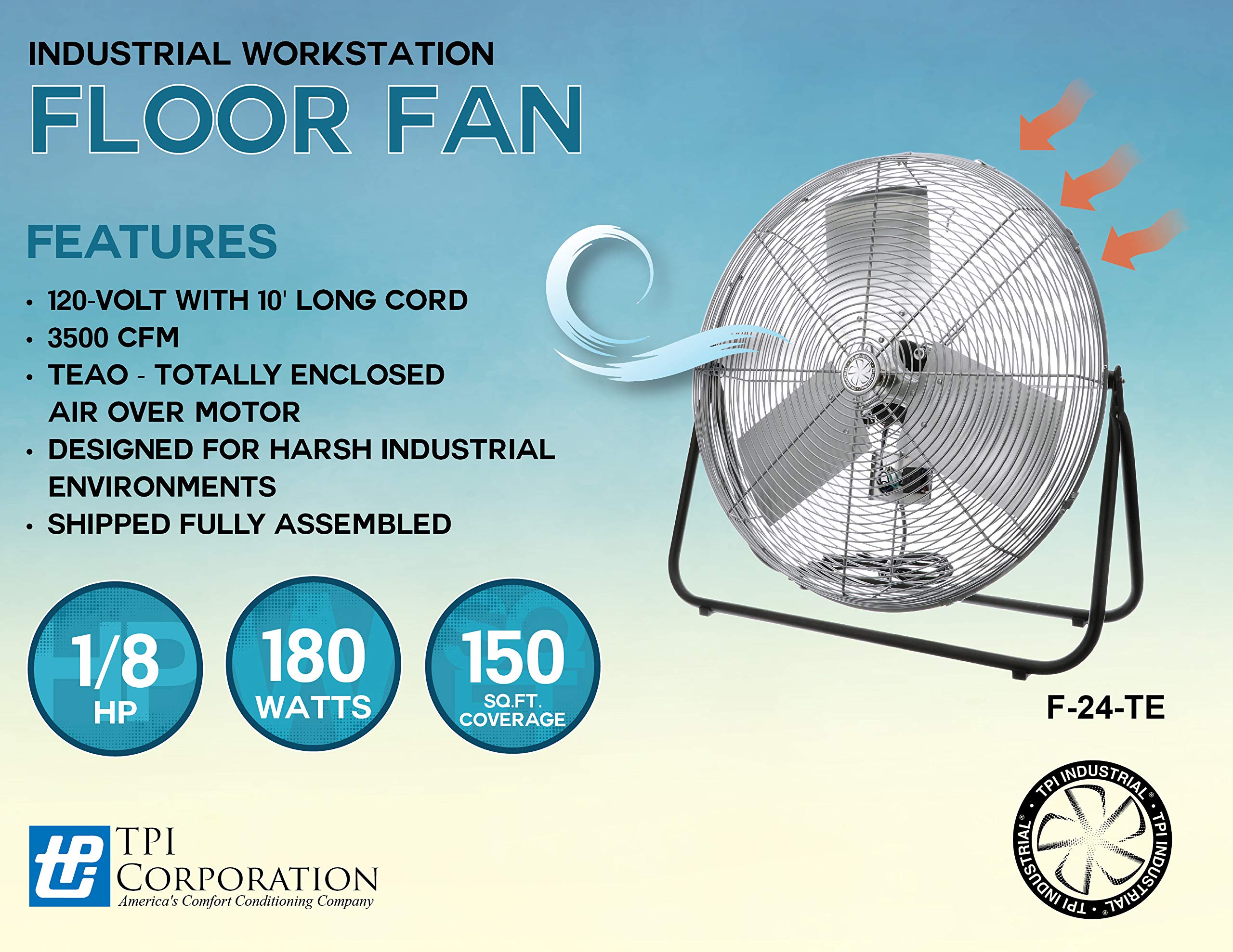 TPI Corporation F24-TE Industrial Workstation Floor Fan, Single Phase, 24" Diameter, 120 Volt