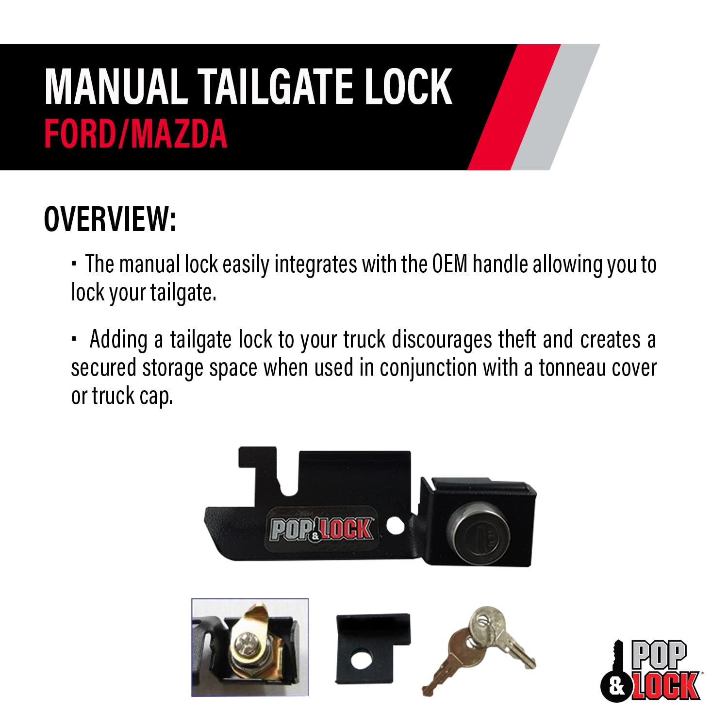 Pop & Lock – Manual Tailgate Lock for Ford F150, Fits 1987 to 1996 - Works Only with Factory Plastic Handle (Black, PL2310)