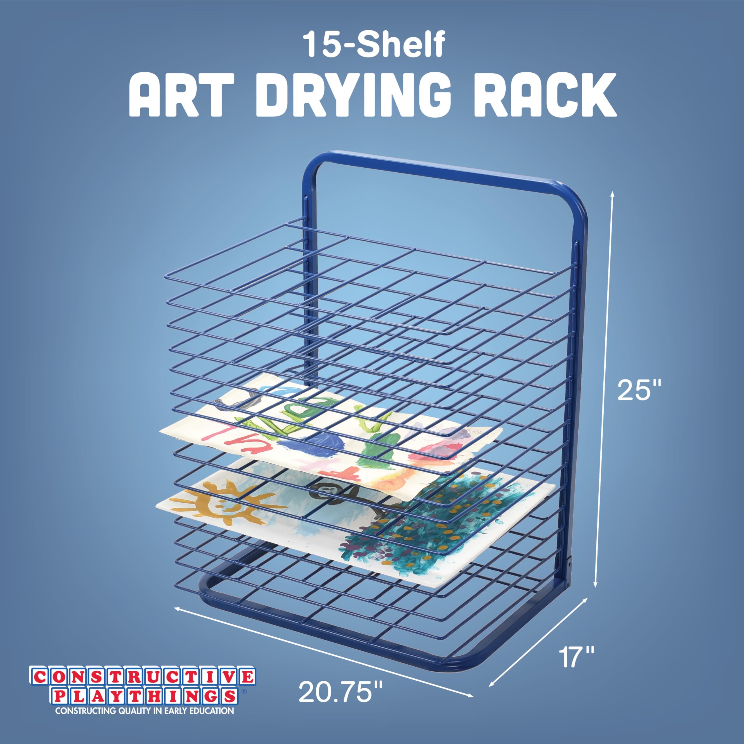 Cre8tive Minds Marvel Education Company 25" Hanging or Tabletop Economy Art Drying Rack with 15 Shelves, Blue