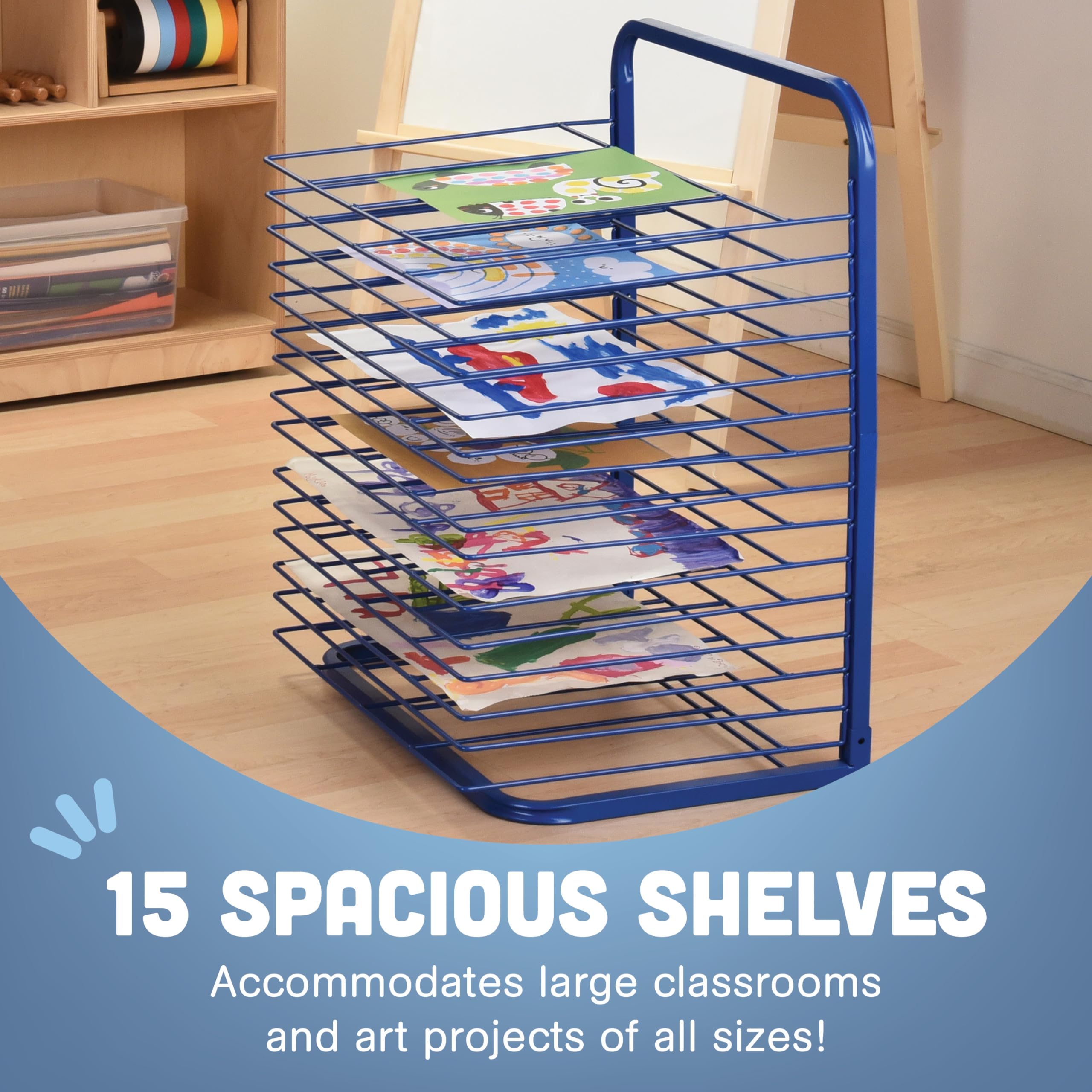 Cre8tive Minds Marvel Education Company 25" Hanging or Tabletop Economy Art Drying Rack with 15 Shelves, Blue